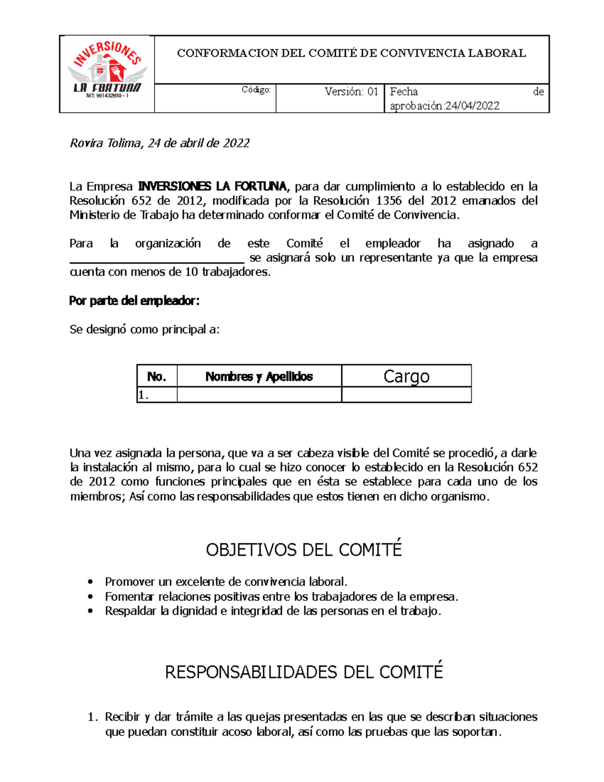 ACTA DE Conformación DEL Comité DE Convivencia Laboral - Versión 01 - Studocu