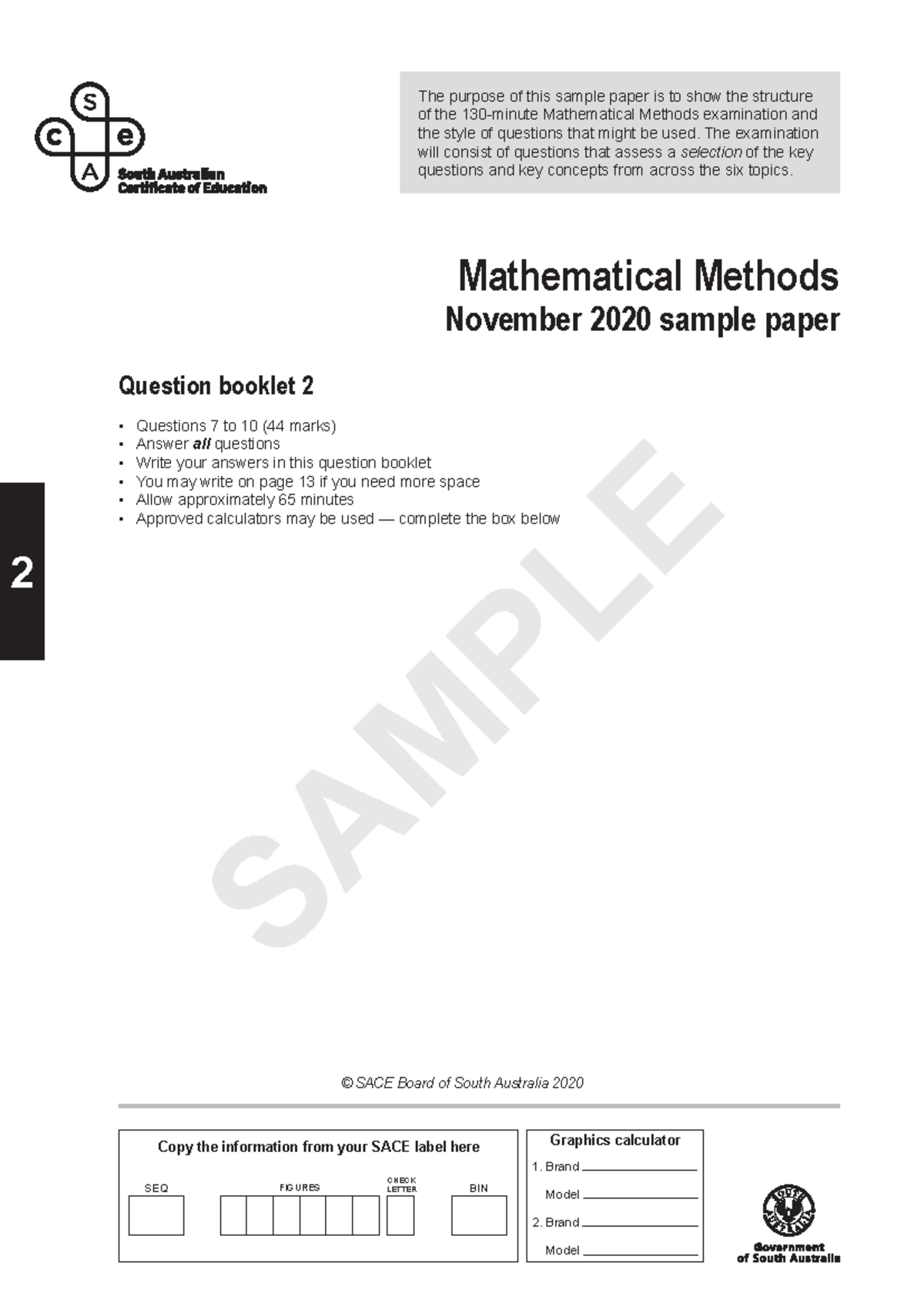 2020 Sample Mathematical Methods Exam Paper Booklet 2 - Studocu