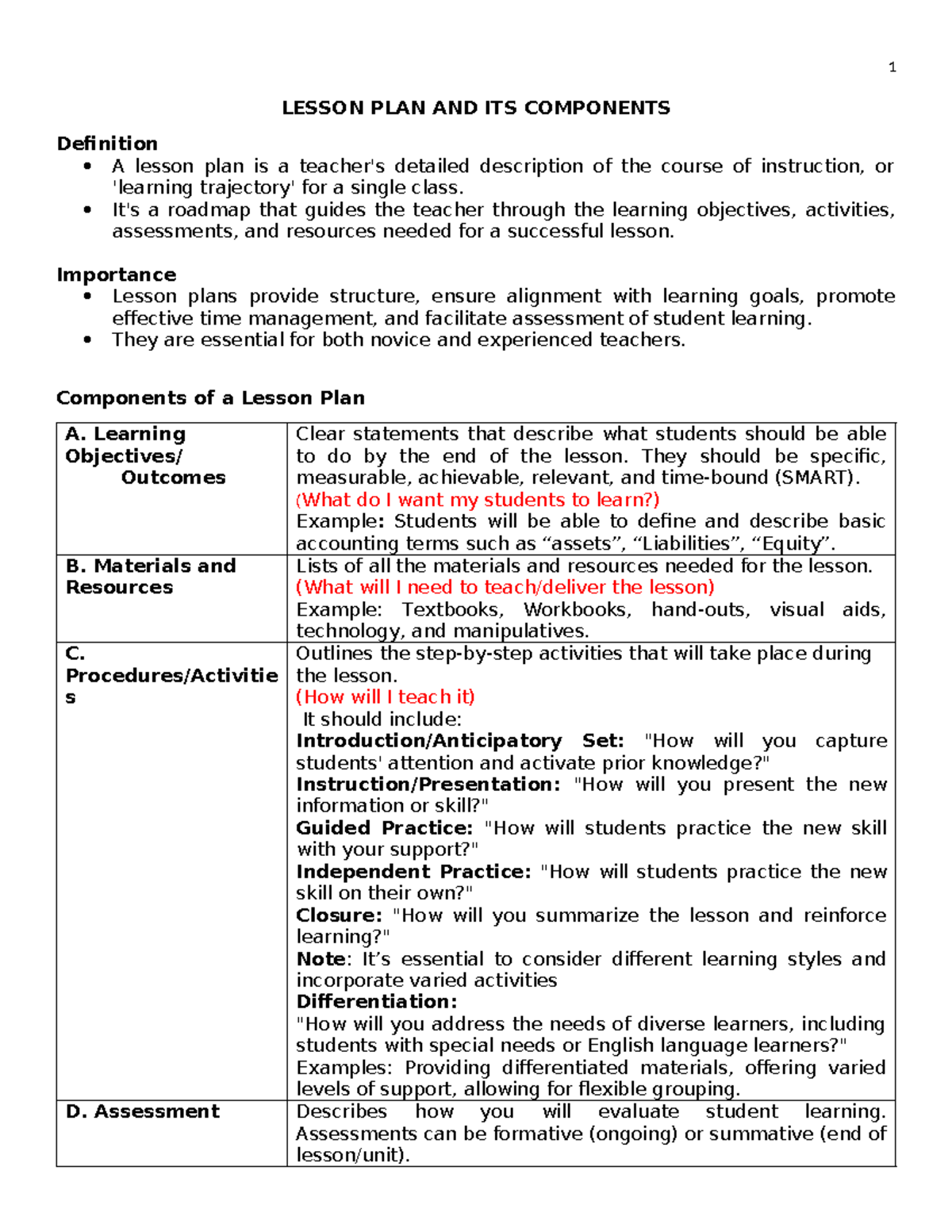 Lesson PLAN AND ITS Components - LESSON PLAN AND ITS COMPONENTS ...