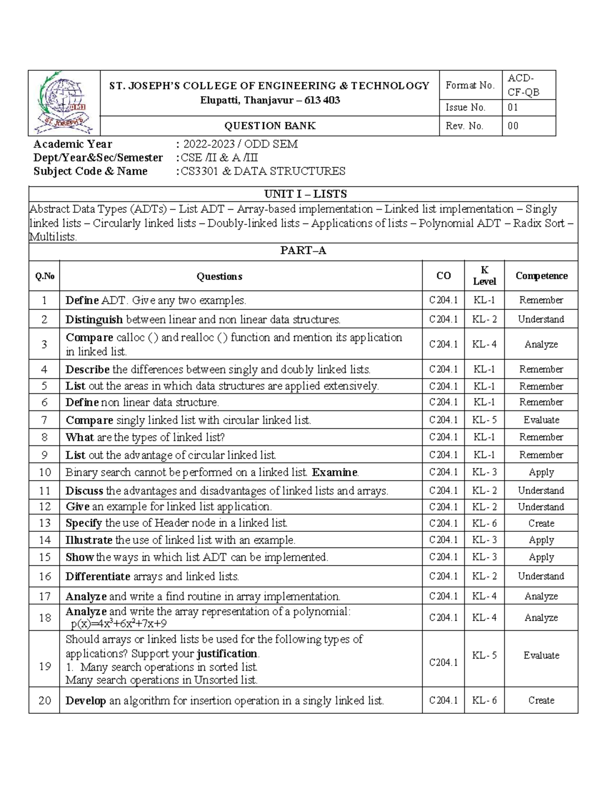 CS3301 Data Structures Question Bank: Unit I - Lists and Trees - Studocu