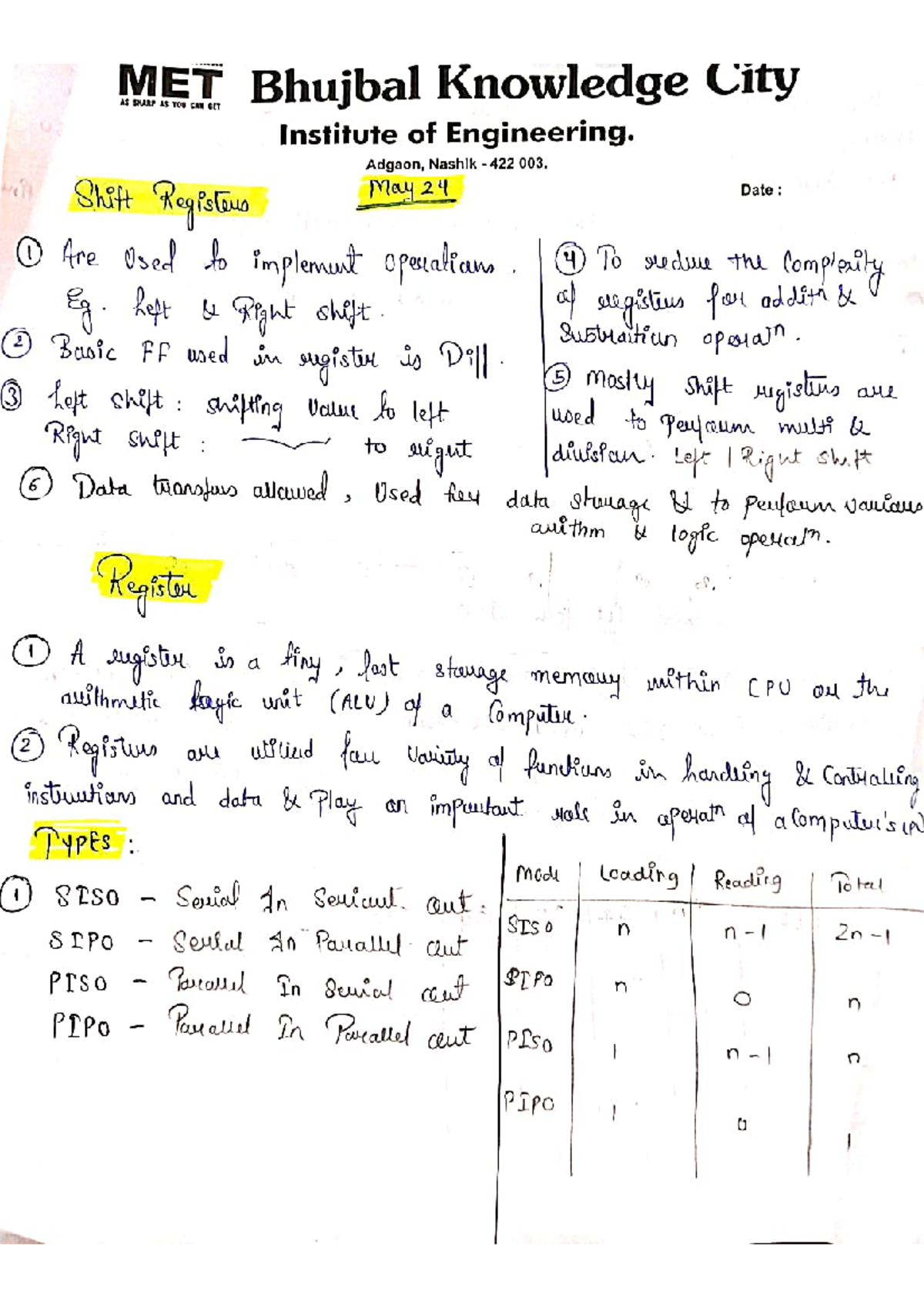 Shift Registers and Flip Flops: Lecture Notes for MET 422 003 - Studocu