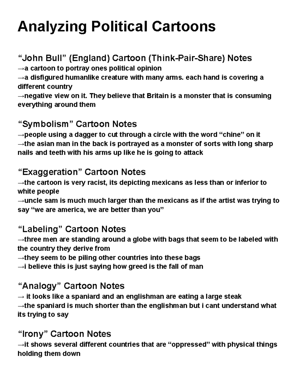 Analyzing Political Cartoons (ENG) - Notes on Racism and Greed - Studocu