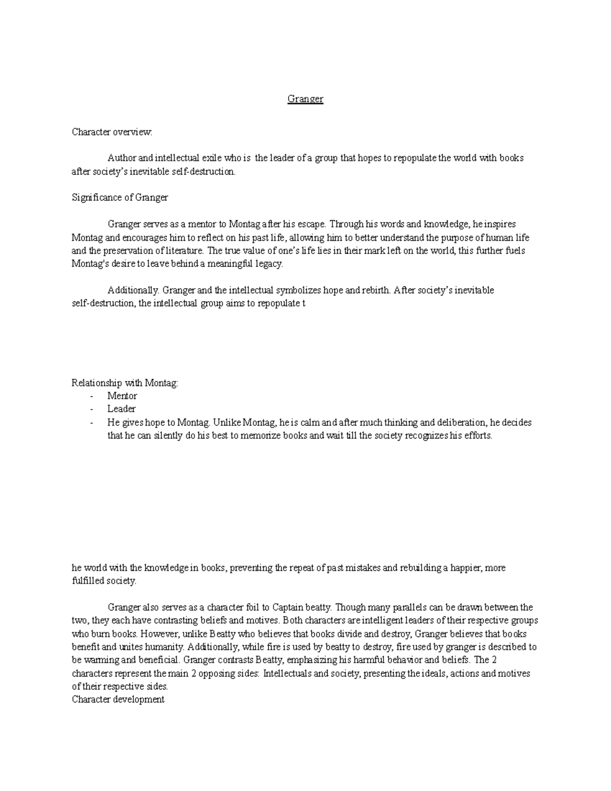 Literature Analysis: Granger's Role as a Mentor in Fahrenheit 451 - Studocu