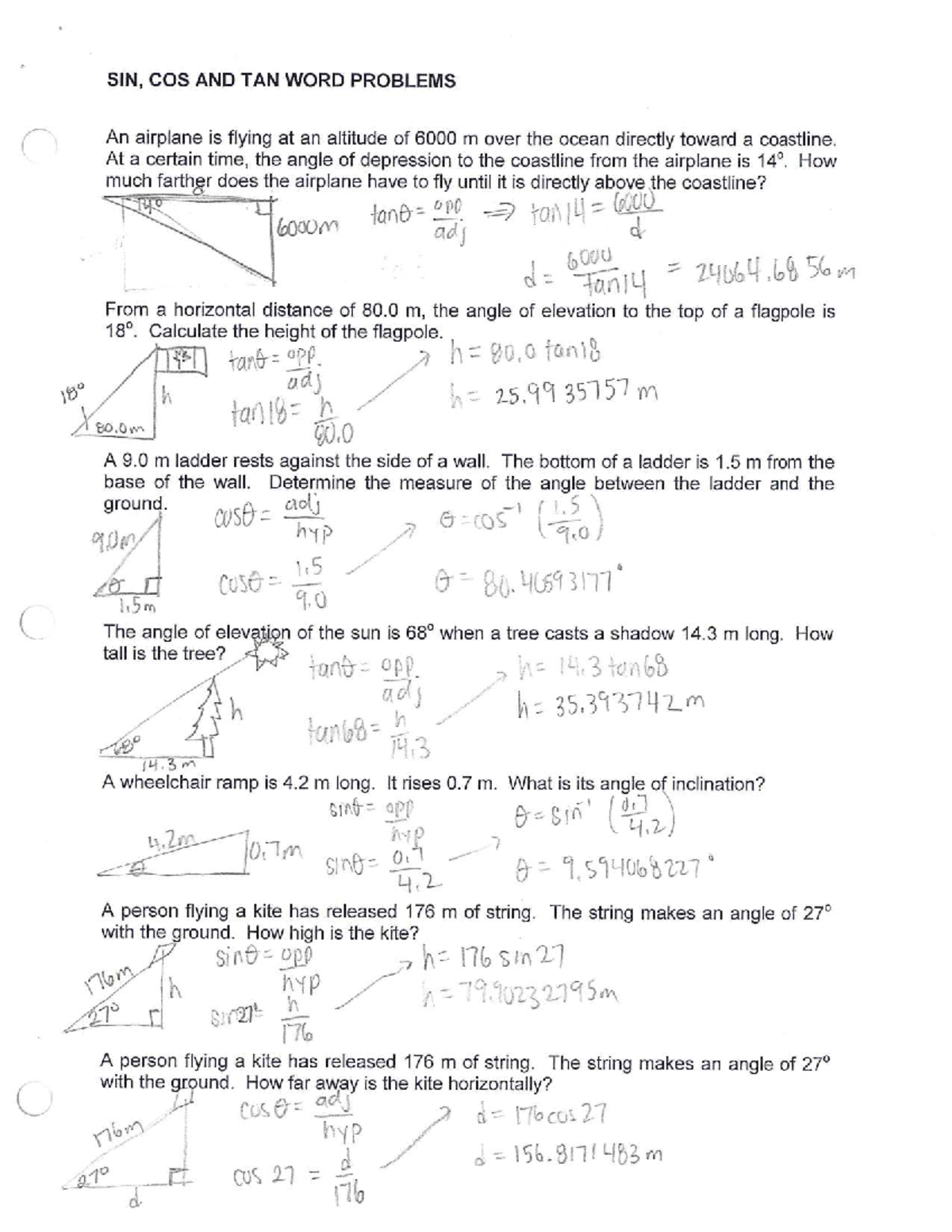 SIN, COS, and TAN Word Problems Solutions for Math 101 - Studocu