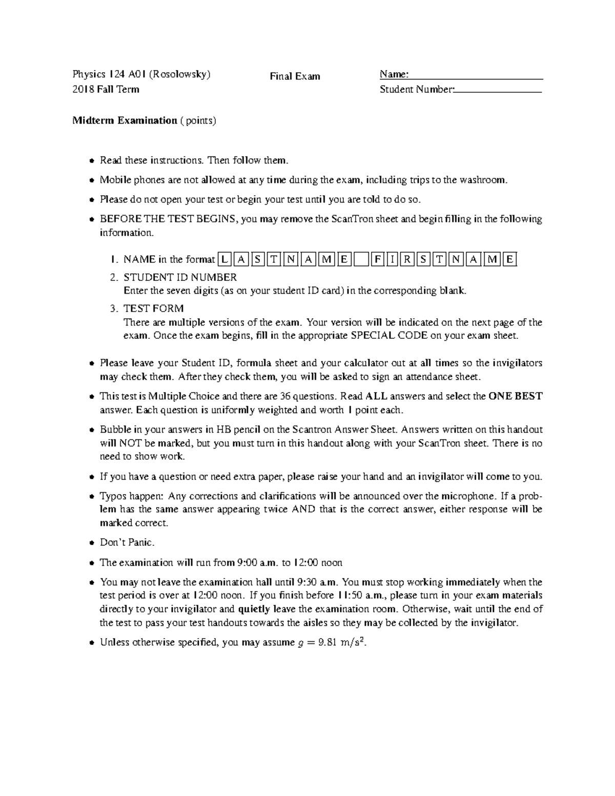 Physics 124 A01 Fall 2018 Final Exam Instructions and Questions - Studocu
