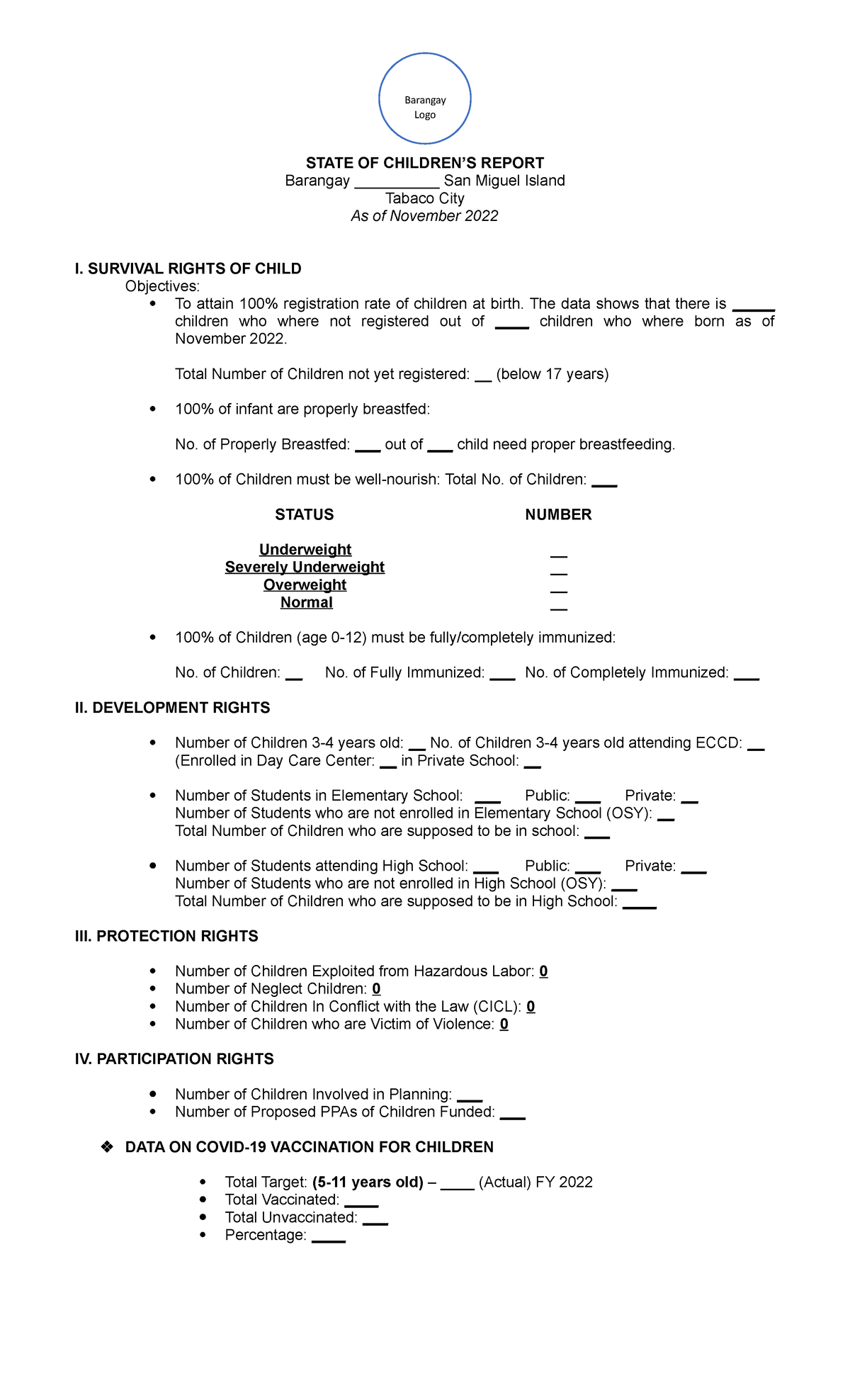 State of Children's Report Form - STATE OF CHILDREN’S REPORT Barangay ...