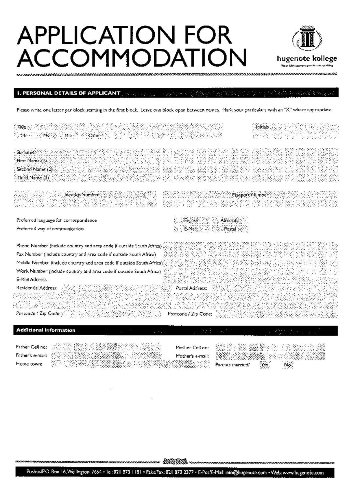 Hugenote Kollege Accommodation Application Form - Studocu