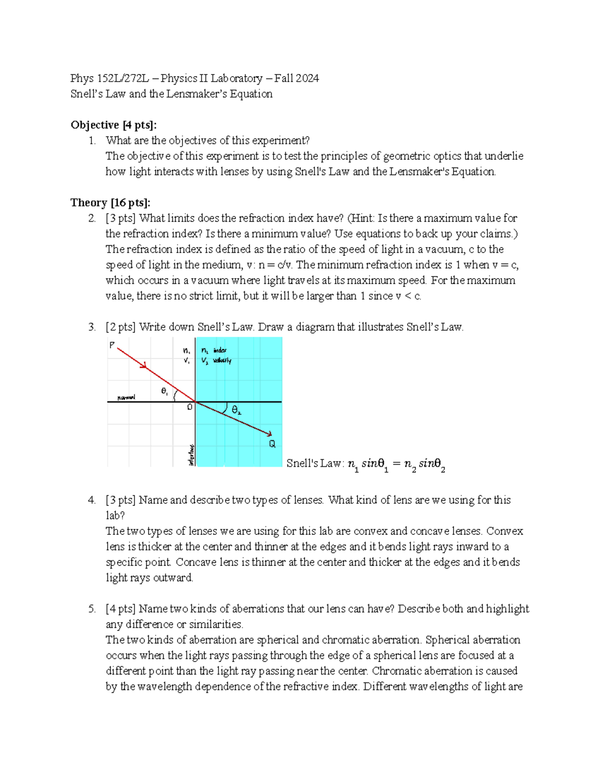 Phys 152L-14 Snells Law and the Lensmakers Equation - Phys 152L/272L – Physics II Laboratory ...