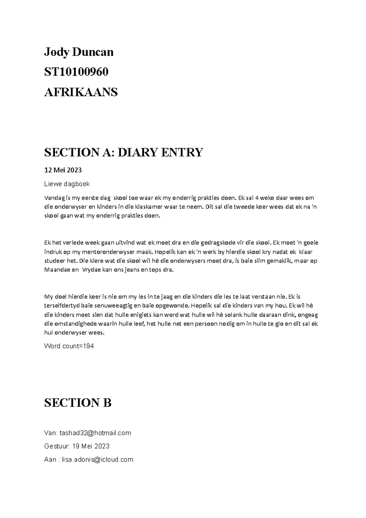 Afrikaans Assignment: Praktiese Onderrig en Verskoning E-pos - Studocu