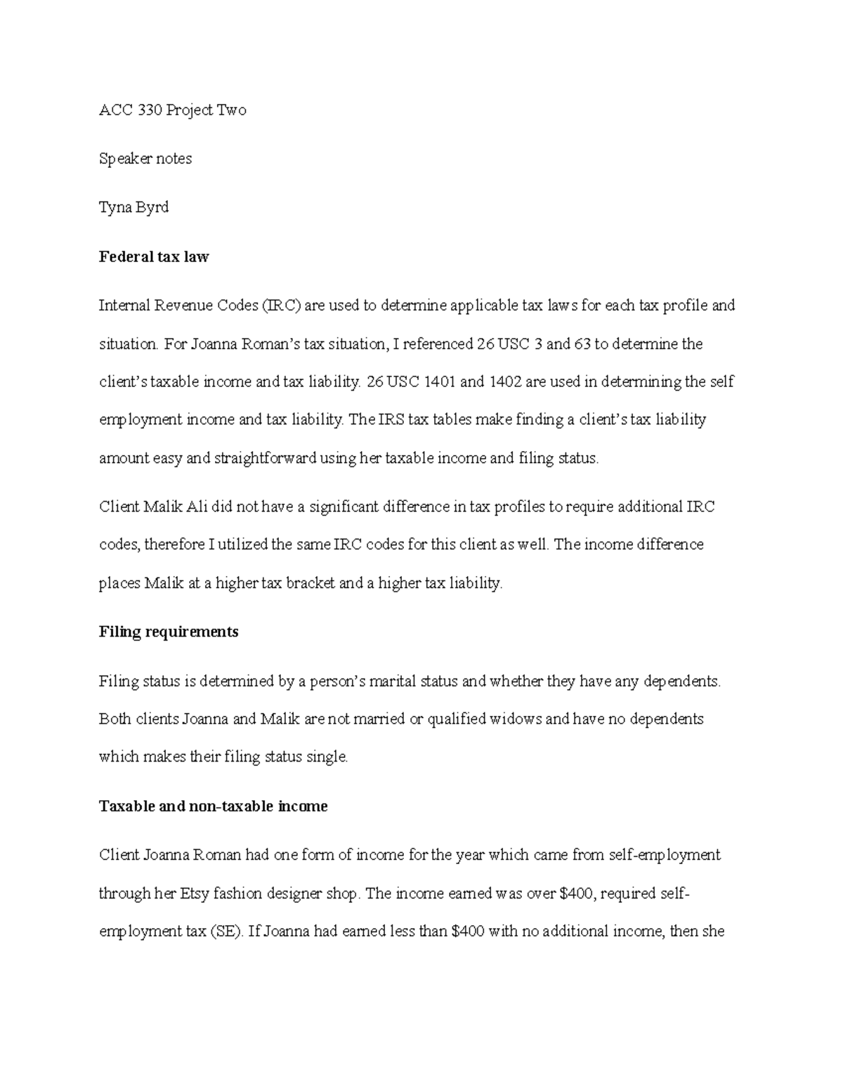 ACC 330 Project Two: Tax Planning for Clients Joanna & Malik - Studocu