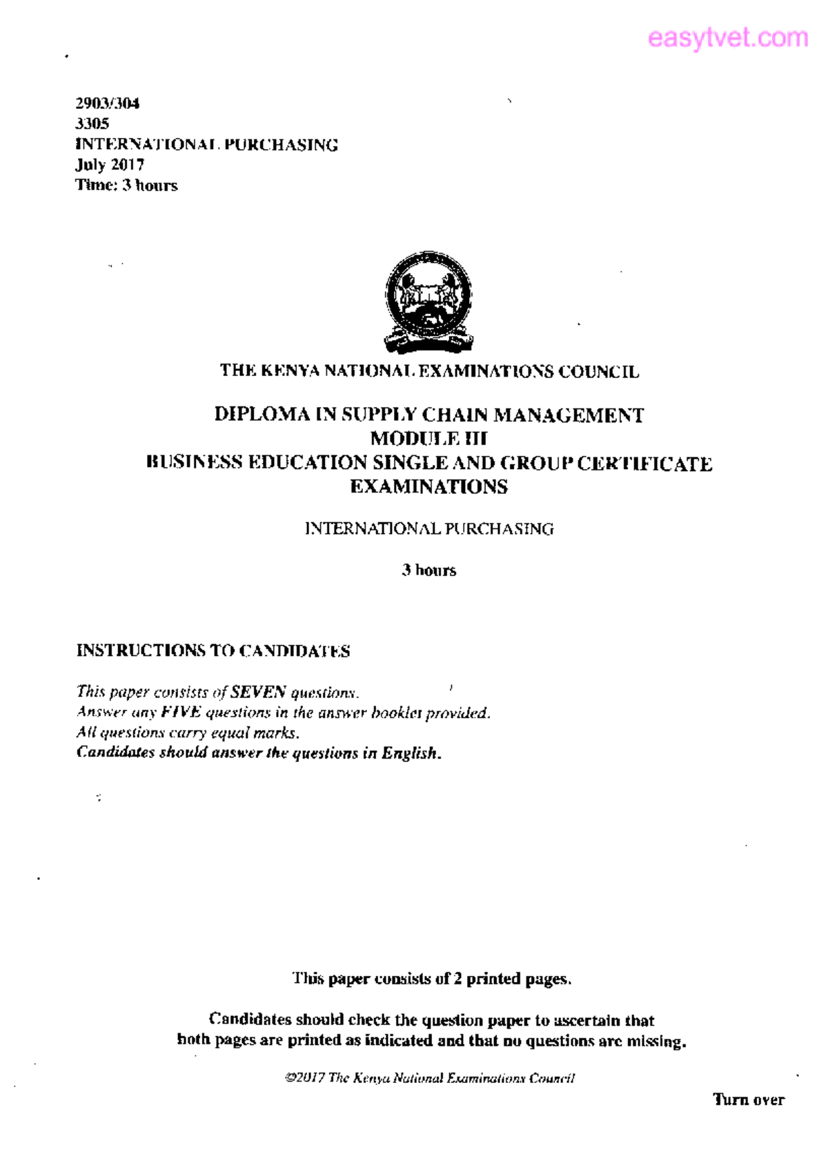 EasyTVET 3305: Revision Material for July 2017 International Purchasing ...