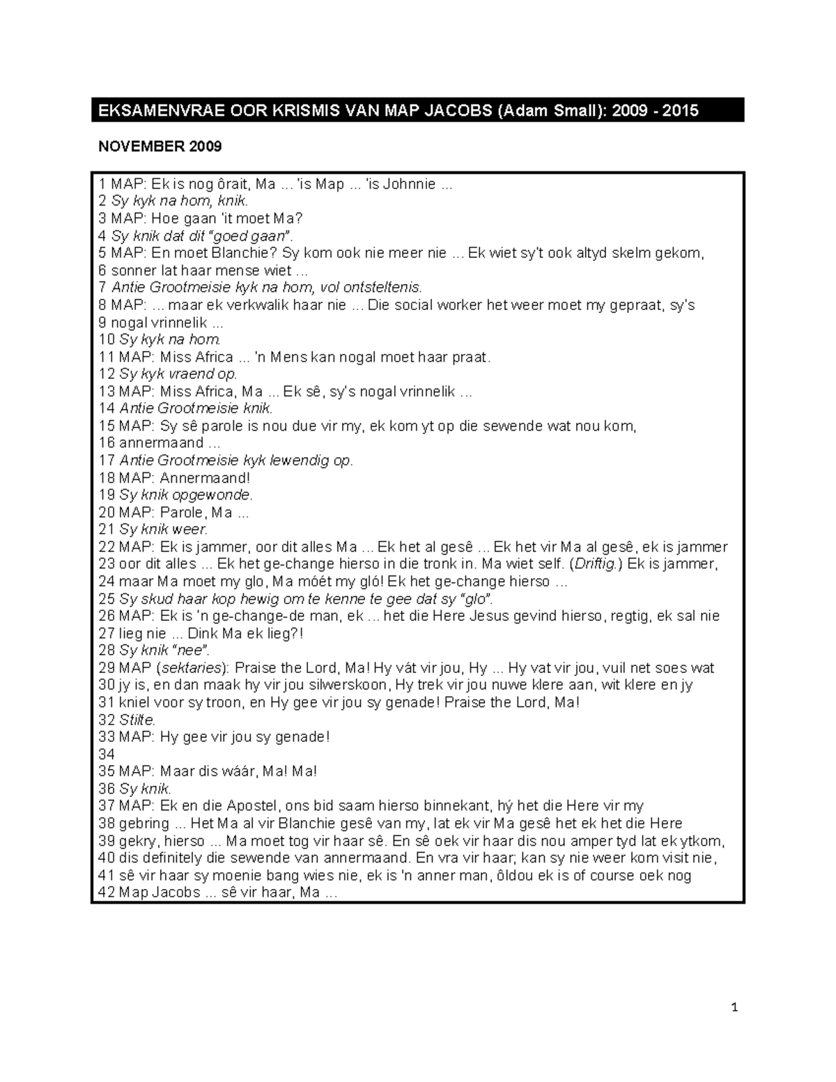 Map Jacobs Eksamenvrae 2009-2015: In Diepte Analise van die Drama - Studocu