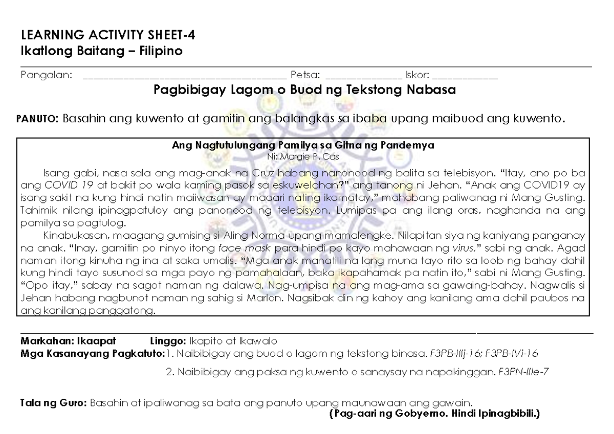 LAS-4 FIL3 Q4 V6- Final - How - Ikatlong Baitang – Filipino Markahan ...