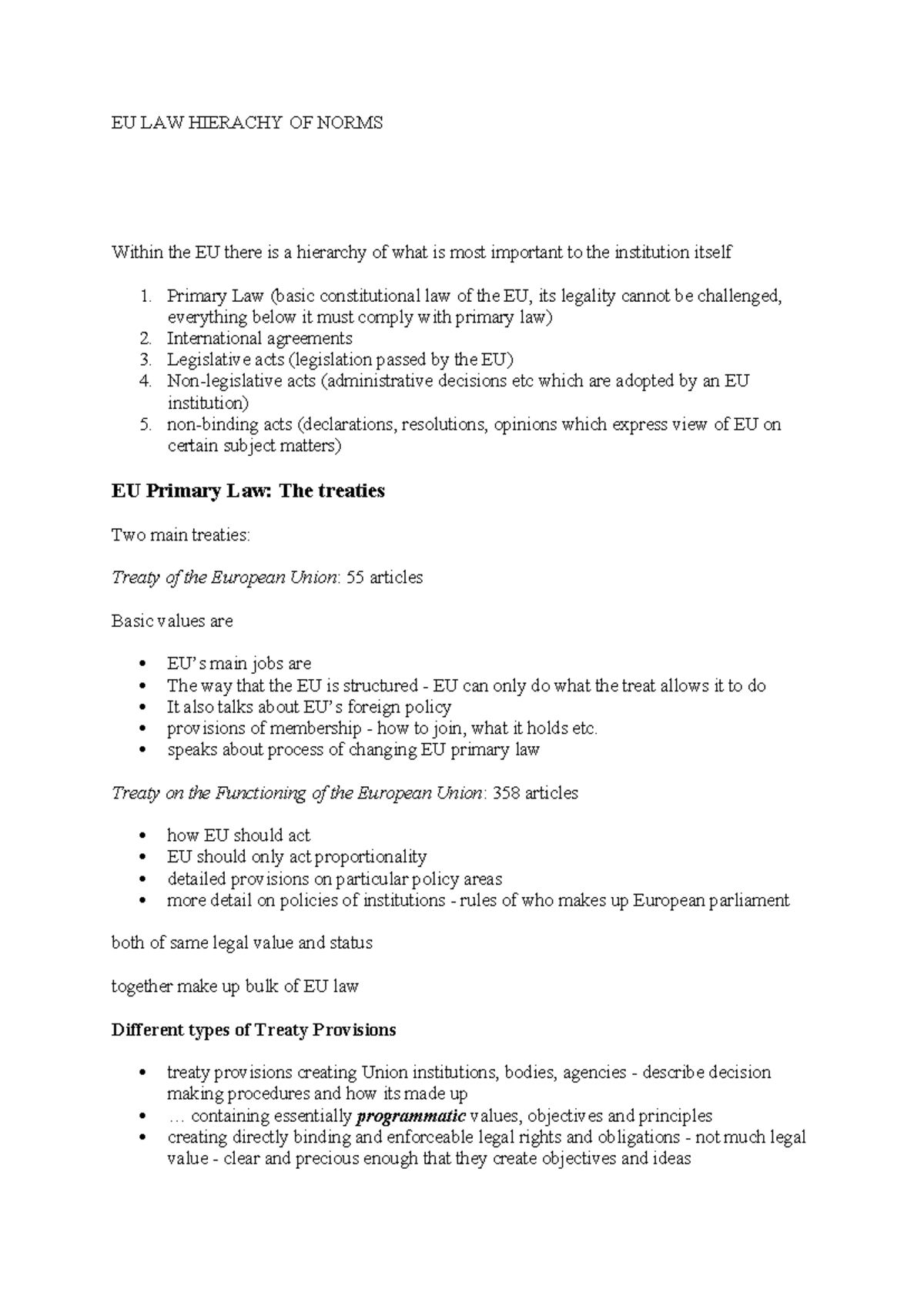 EU LAW: Hierarchy of Norms and Primary Law Overview - Studocu