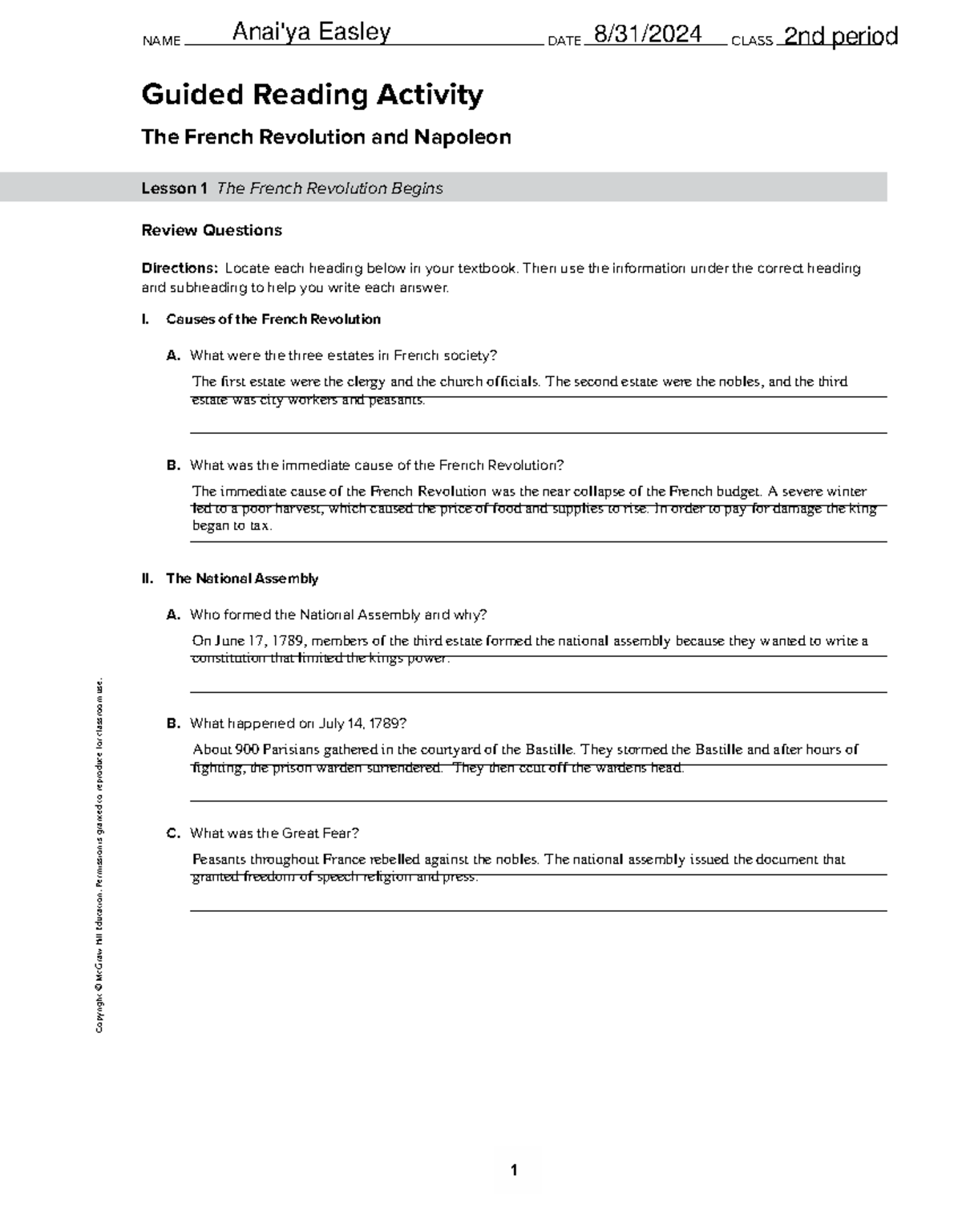 Guided Reading 3-1: Lesson 1 - The French Revolution Begins Answers ...