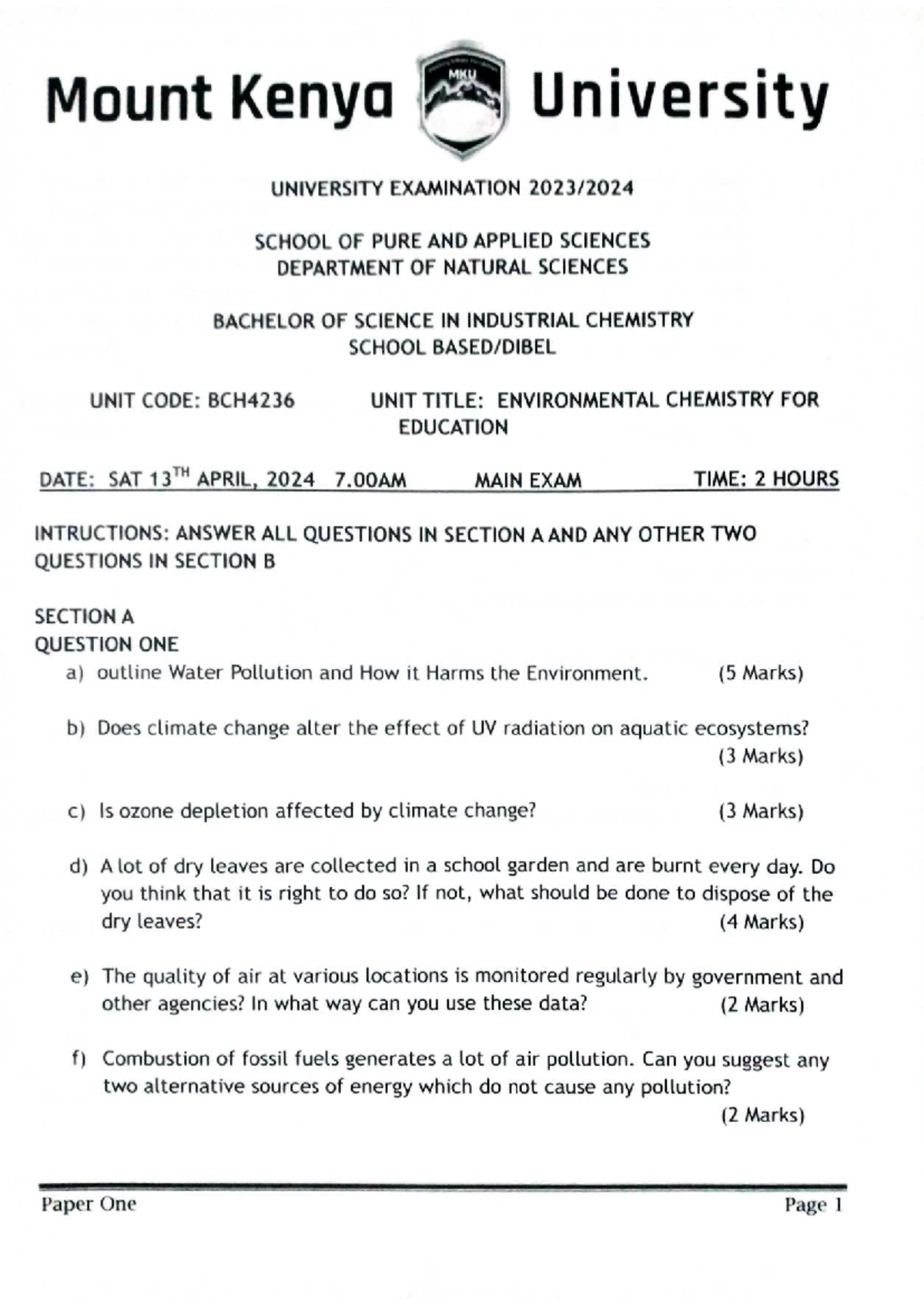 MKU BCH4236 Final Exam: Environmental Chemistry for Education Insights ...