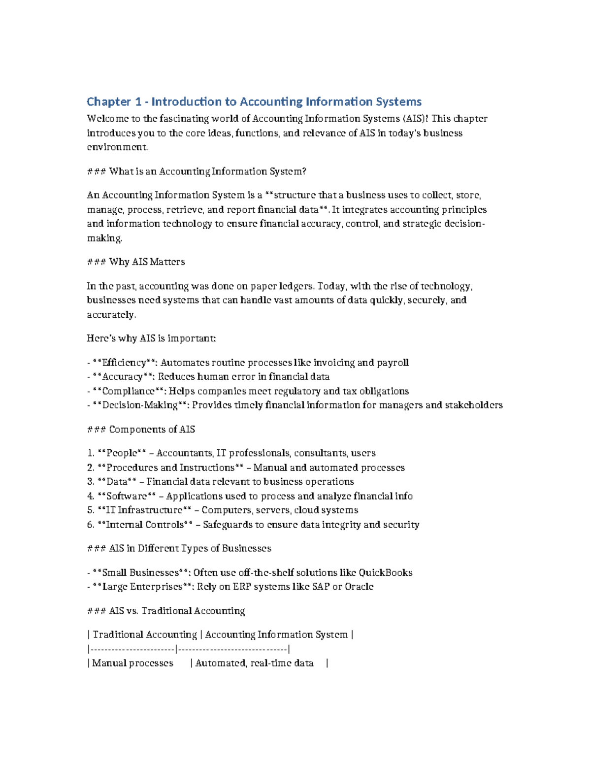Chapter 01 - Intro to Accounting Info Systems (AIS) - Studocu