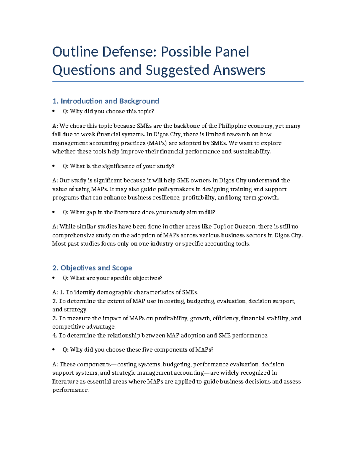Outline Defense QA Handout: Panel Questions & Answers on MAPs in SMEs ...
