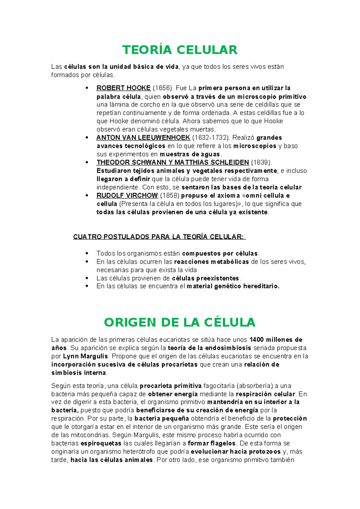 Biología Celular - Apuntes. - TEORÍA CELULAR Las células son la unidad ...