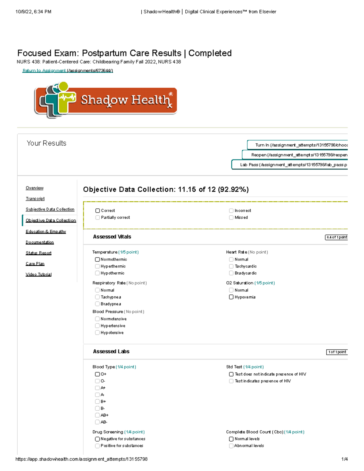 Shadow Health NURS 438 Postpartum Care Objective Data Results - Studocu