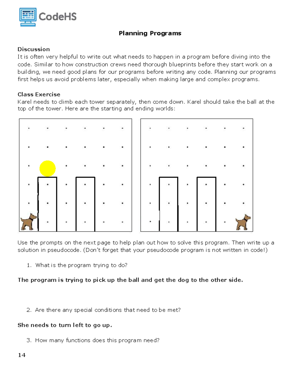 Planning Programs Discussion: Karel's Tower Climb Exercise 2 - Studocu
