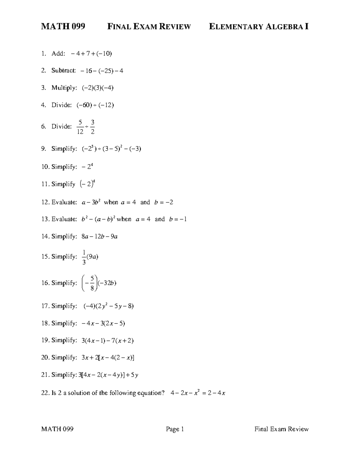 Final exam review 2021 - algebra - math099 - MATH 099 FINAL EXAM REVIEW ...