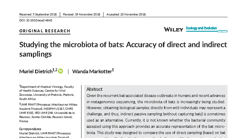 Microbiota Analysis in Bats: Direct vs. Indirect Sampling Approaches ...