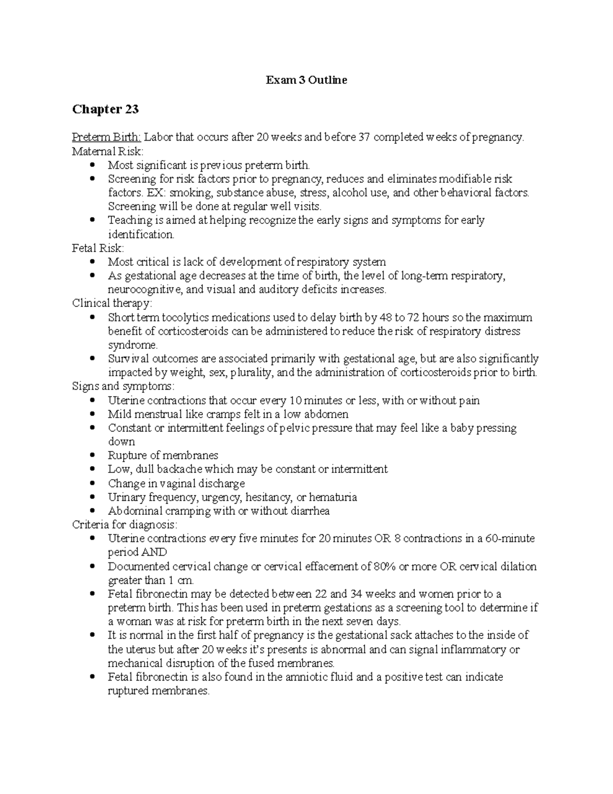 Exam 3 Outline: Preterm Birth Risks and Management Notes - Studocu