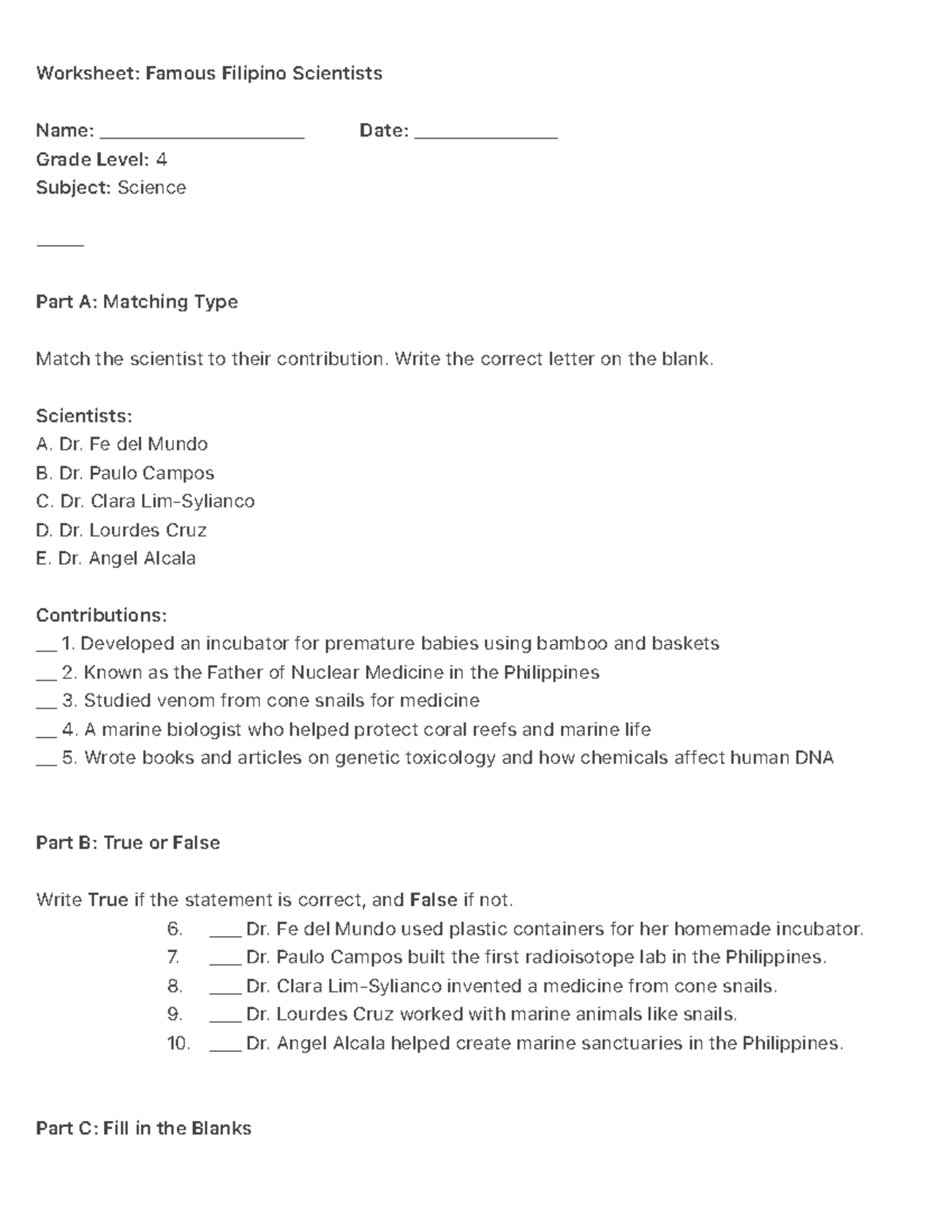 Filipino Scientists Worksheet: Grade 4 Science Activities - Studocu