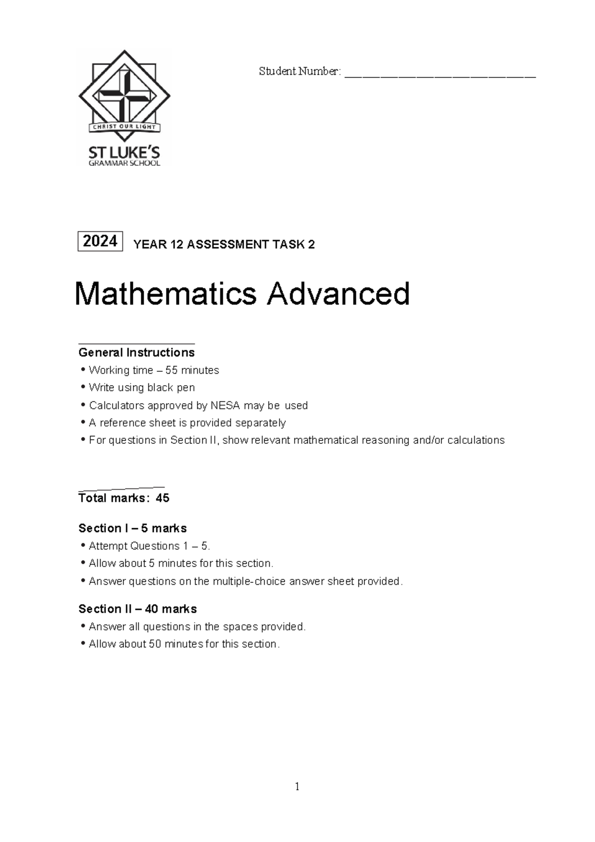 2024 Y12MA Assessment Task 2 - Mathematics Advanced Past Paper - Studocu