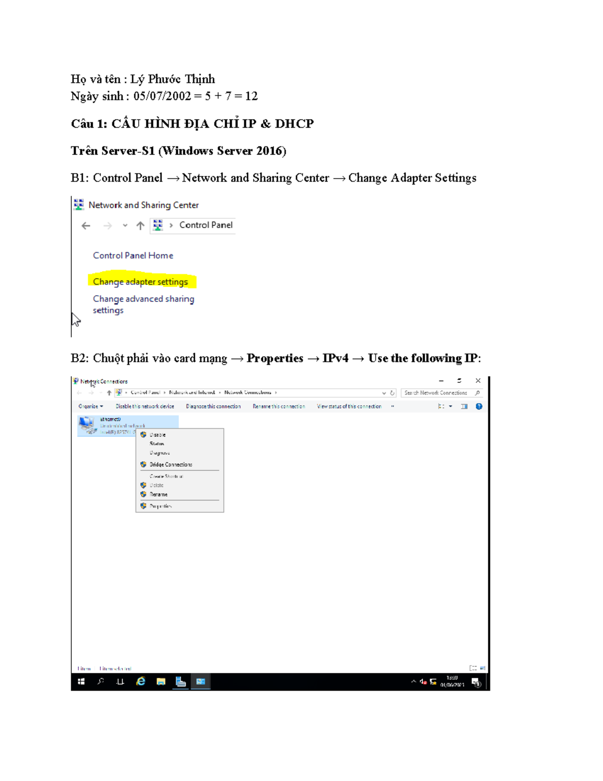 Cấu Hình Địa Chỉ IP & DHCP trên Windows Server 2016 - LPT bcd - Studocu