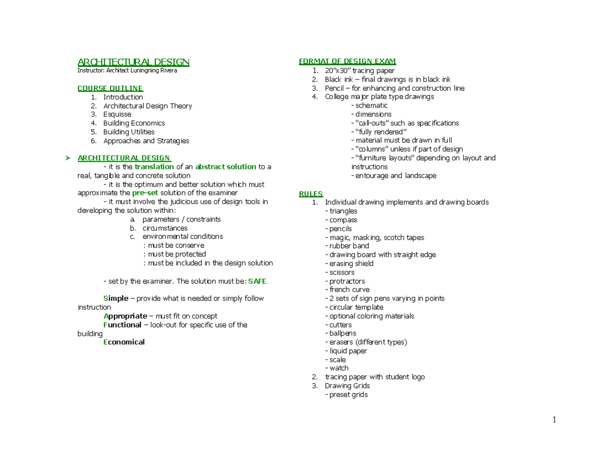 ARCH 101: Architectural Design Esquisse & Exam Plate Guidelines - Studocu