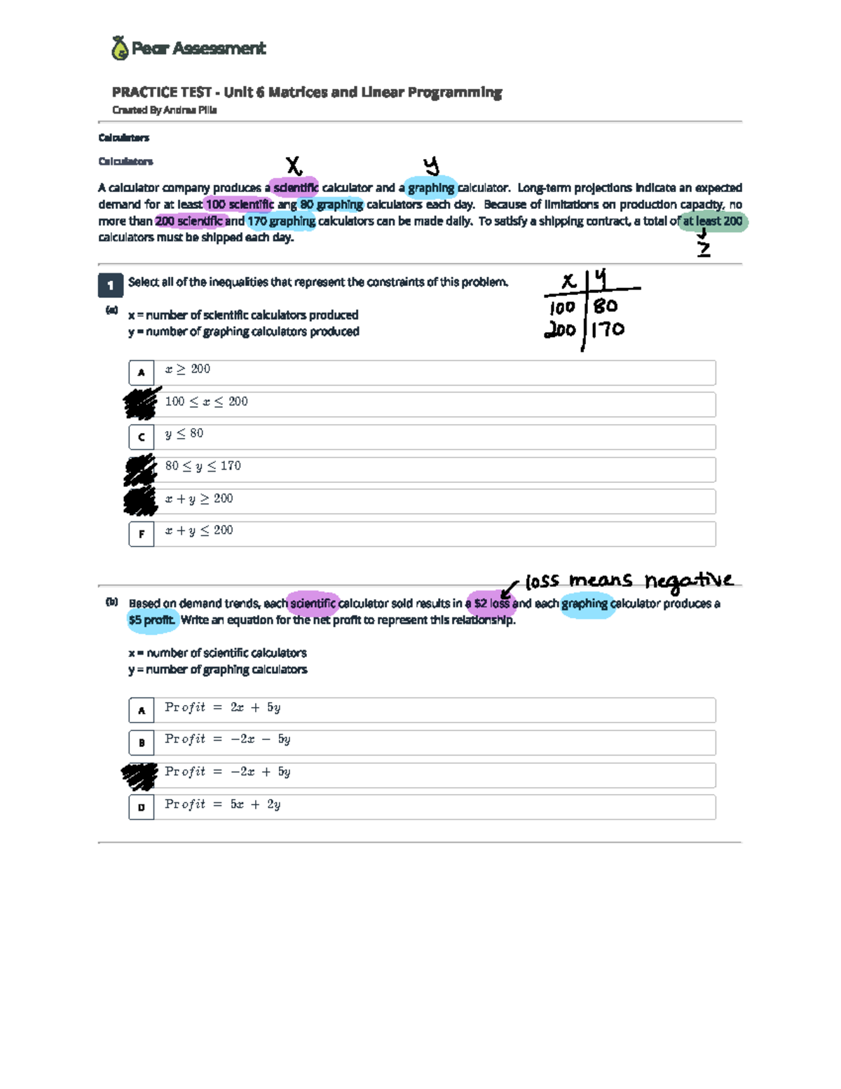 Answer Key Practice TEST - Unit 6: Matrices & Linear Programming - Studocu