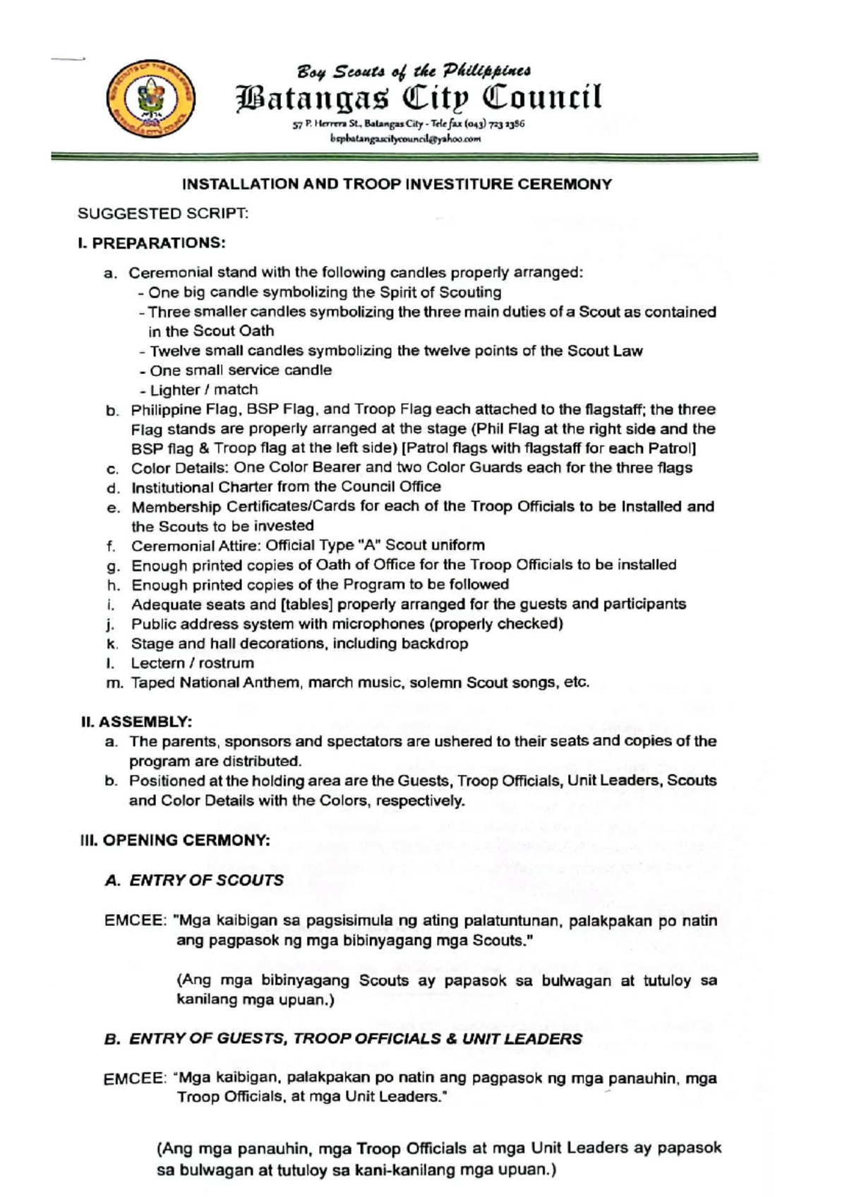BSP Installation & Troop Investiture Ceremony Script - Studocu