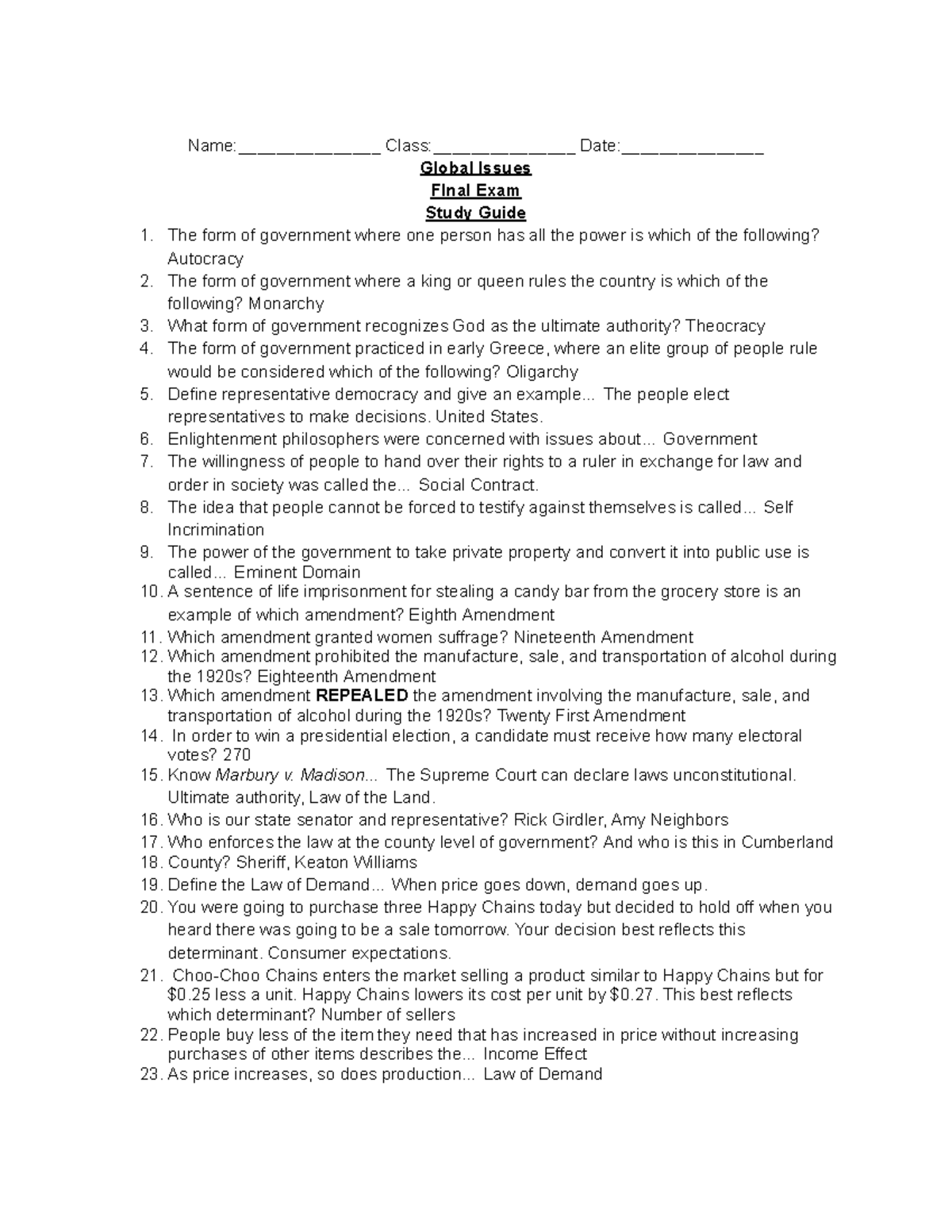 Global Issues Final Exam Study Guide and Answer Key - Name ...