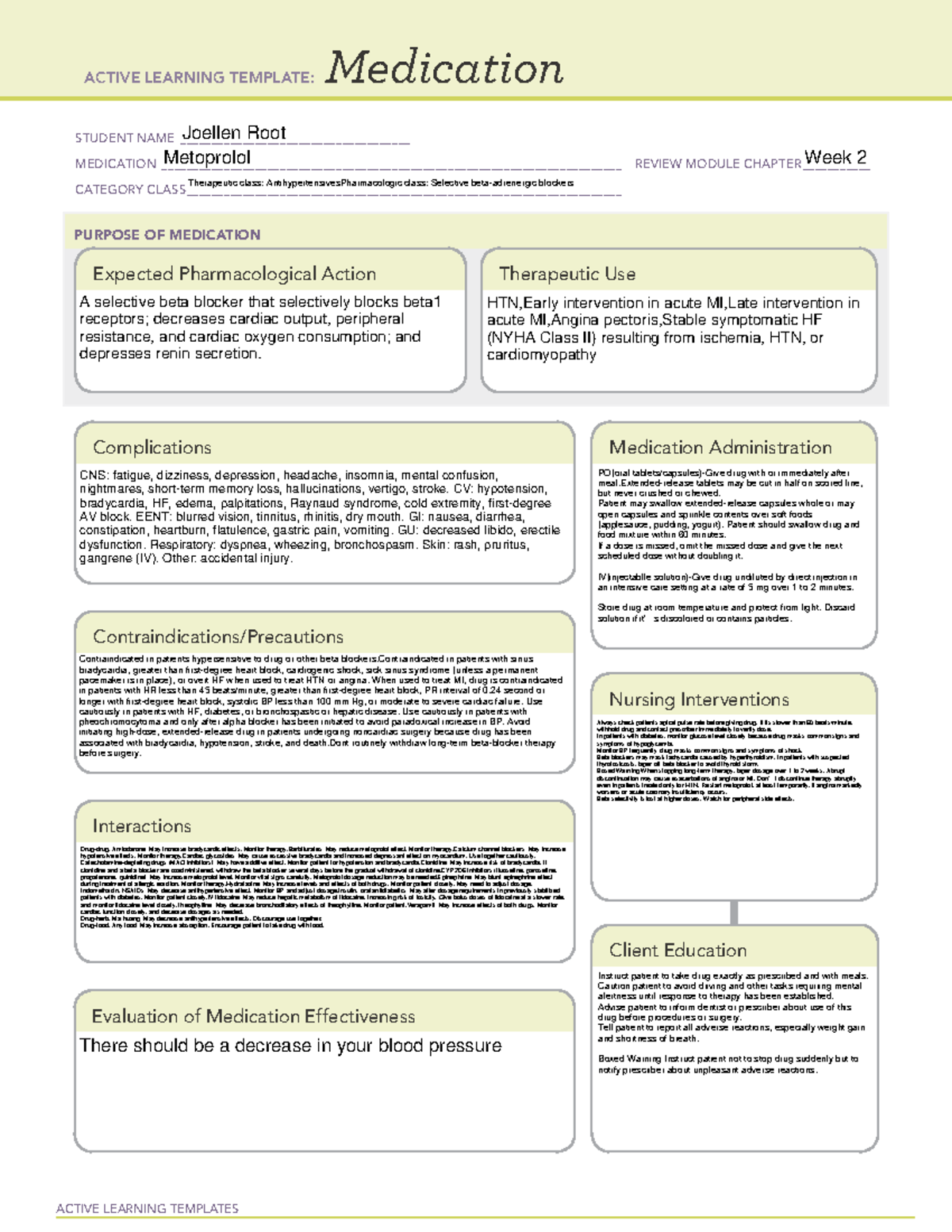 Medsurg-metoprolol - Drug card, ATI template - ACTIVE LEARNING ...