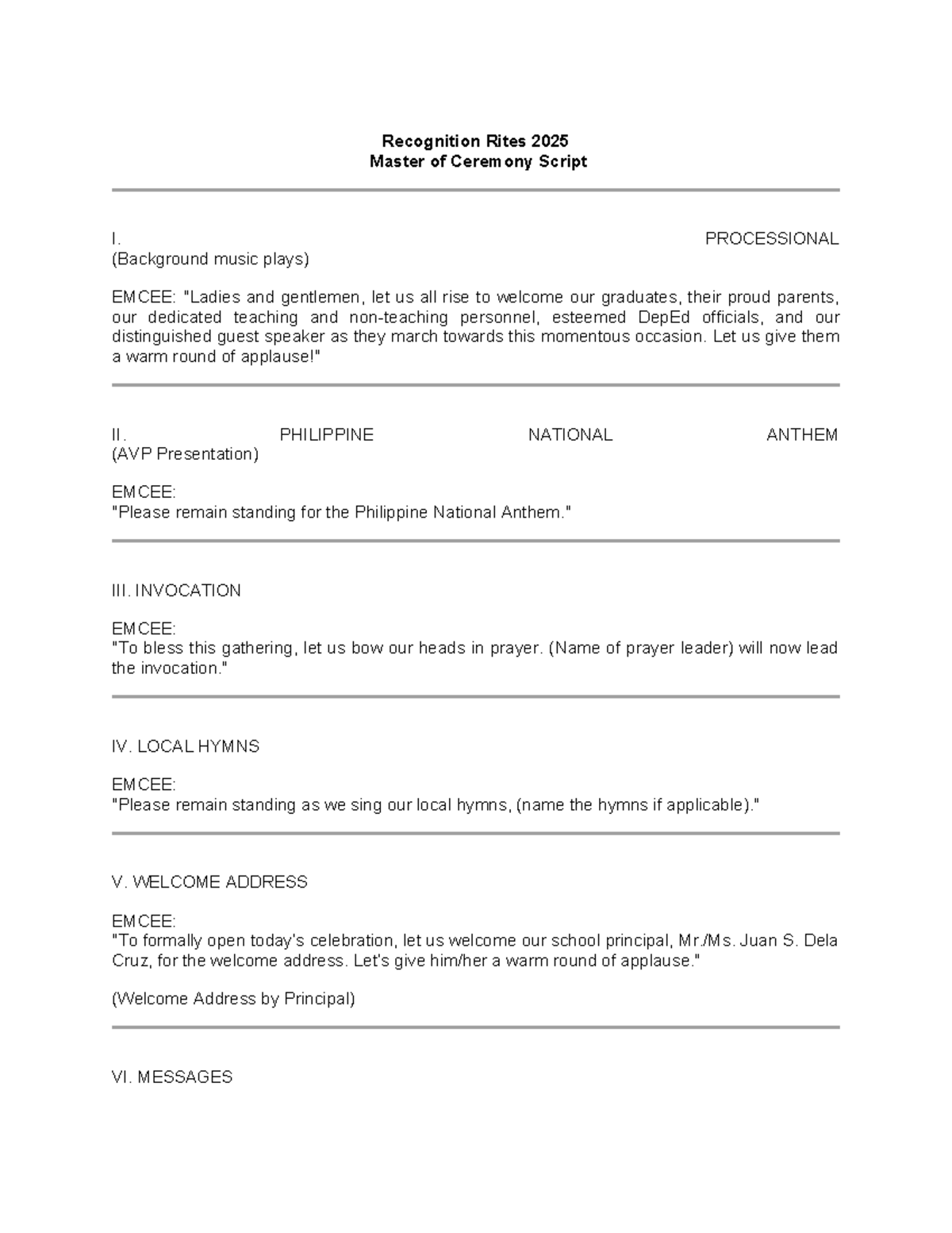 Recognition Rites 2025 EMCEE Script for Graduation Ceremony - Studocu