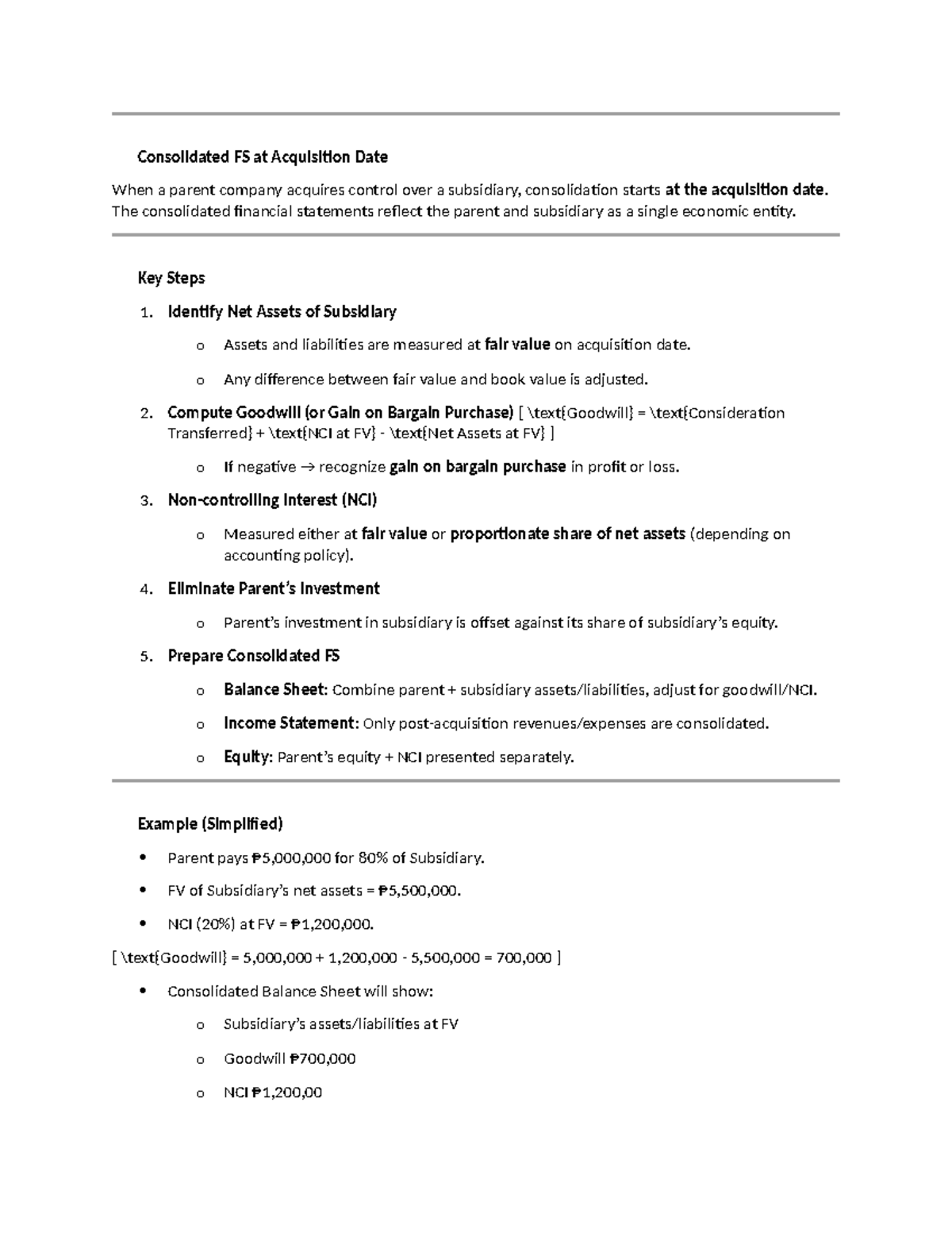Consolidated FS at Acquisition Date: Key Steps & Examples - Studocu