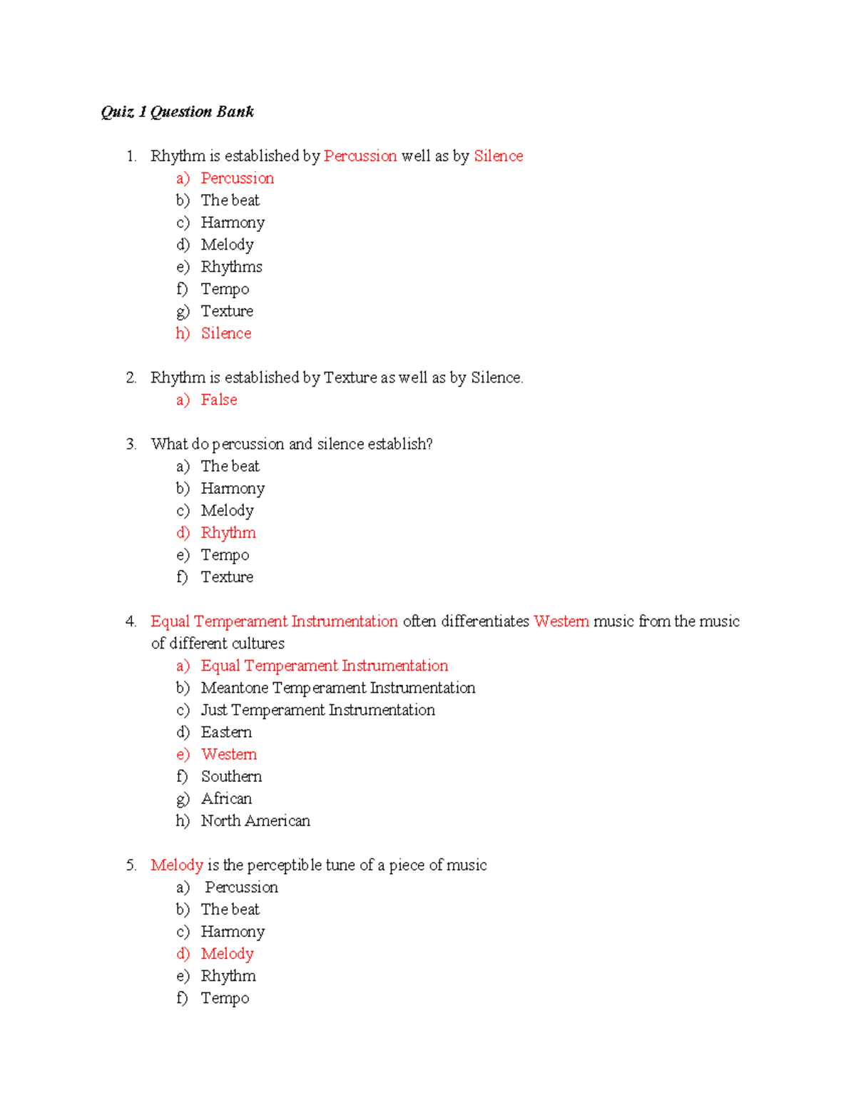 Quiz 1 Question Bank: Rhythm, Melody, and Harmony in Music - Studocu