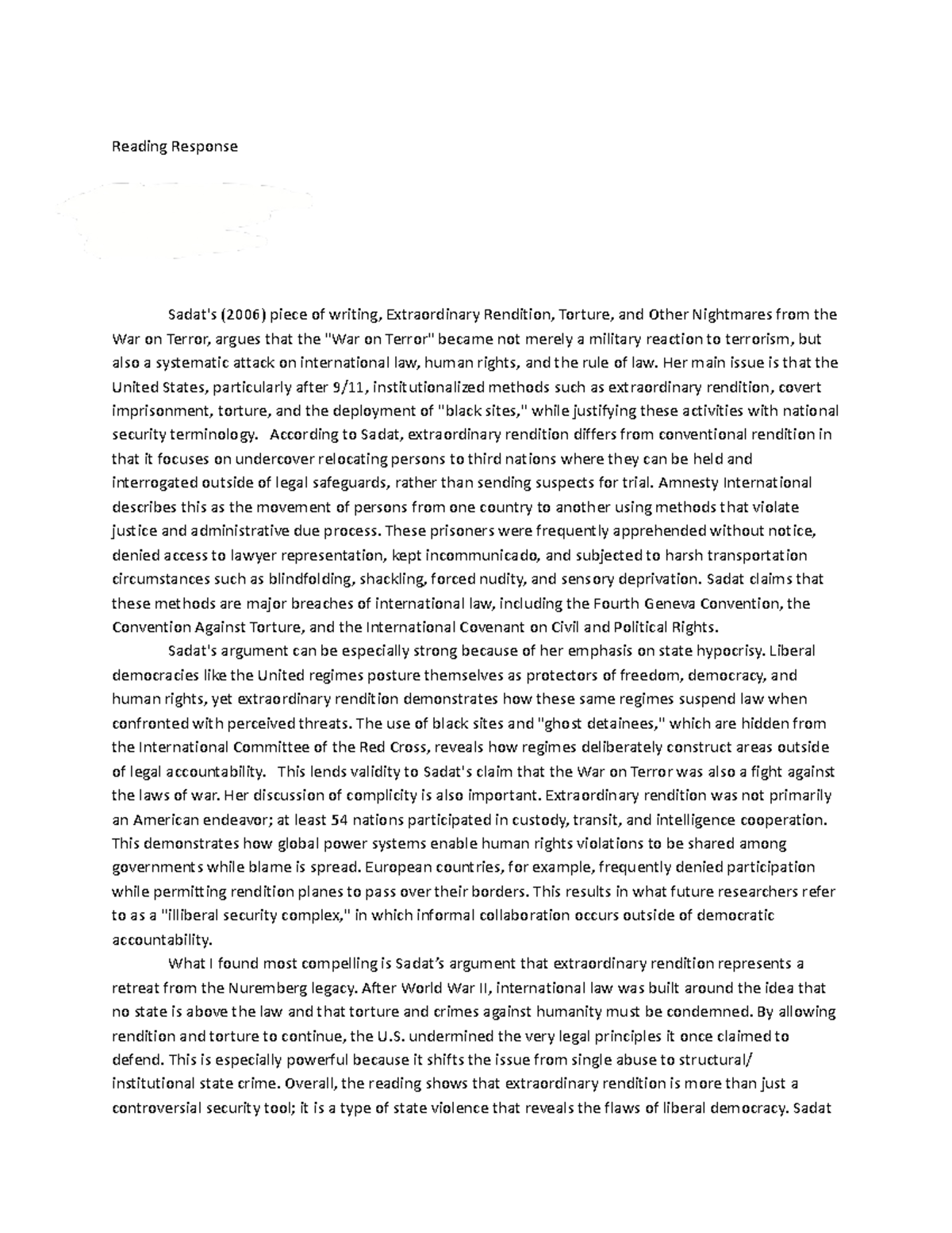 CRIM314 Reading Response: Extraordinary Rendition & Human Rights ...