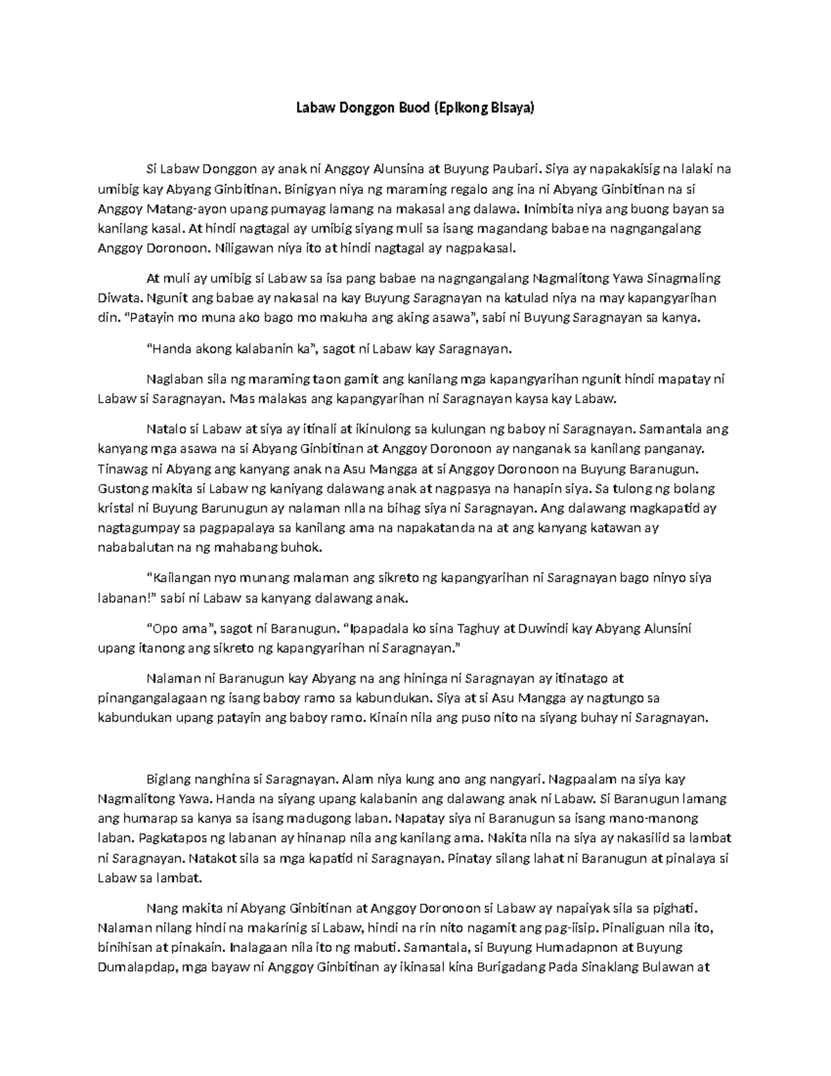 Labaw Donggon: Buod ng Epikong Bisaya at mga Karakter - Studocu