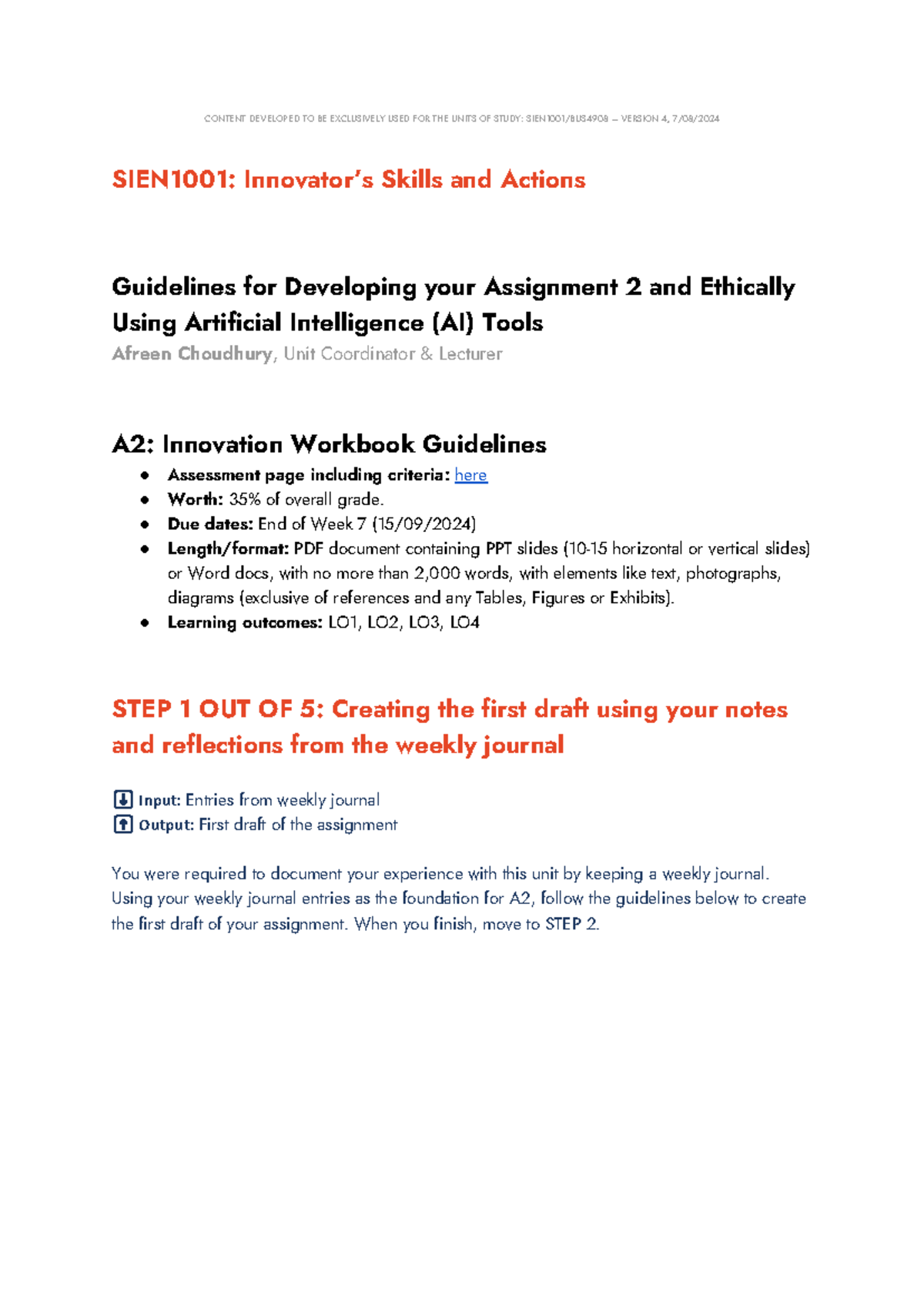 A2 SIEN1001: Innovation Workbook Guidelines for Assignment 2 and AI ...