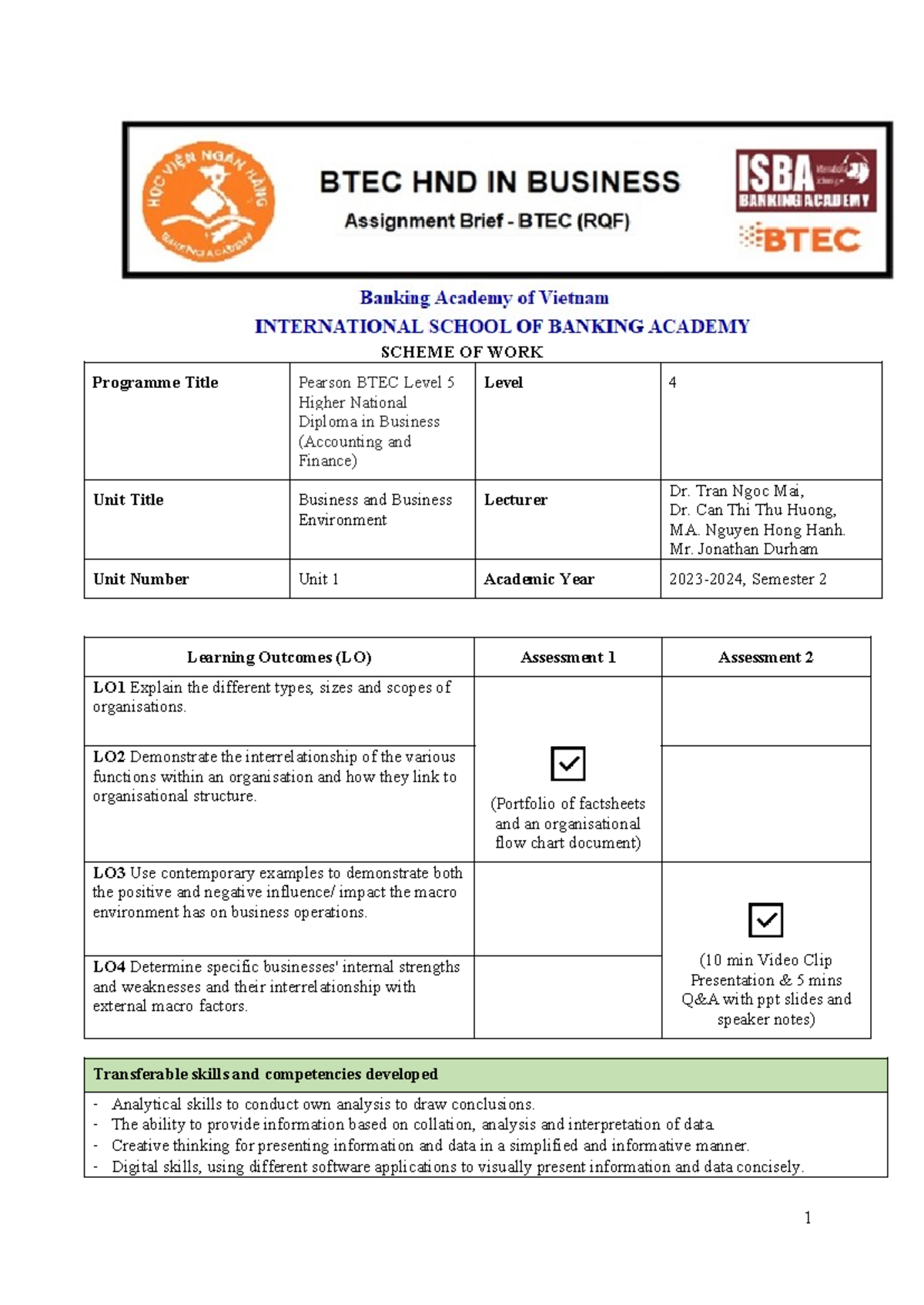 SOW BBE Unit 1: Business Environment Overview & Learning Outcomes - Studocu