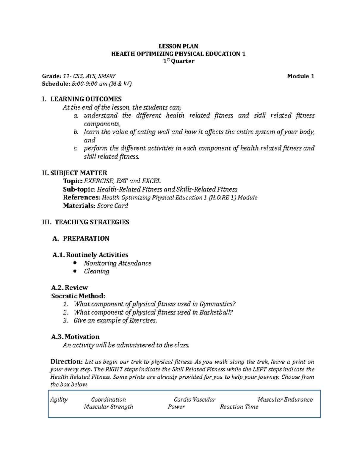 HOPE 1 Lesson Plan: Health & Skill-Related Fitness Strategies - Studocu