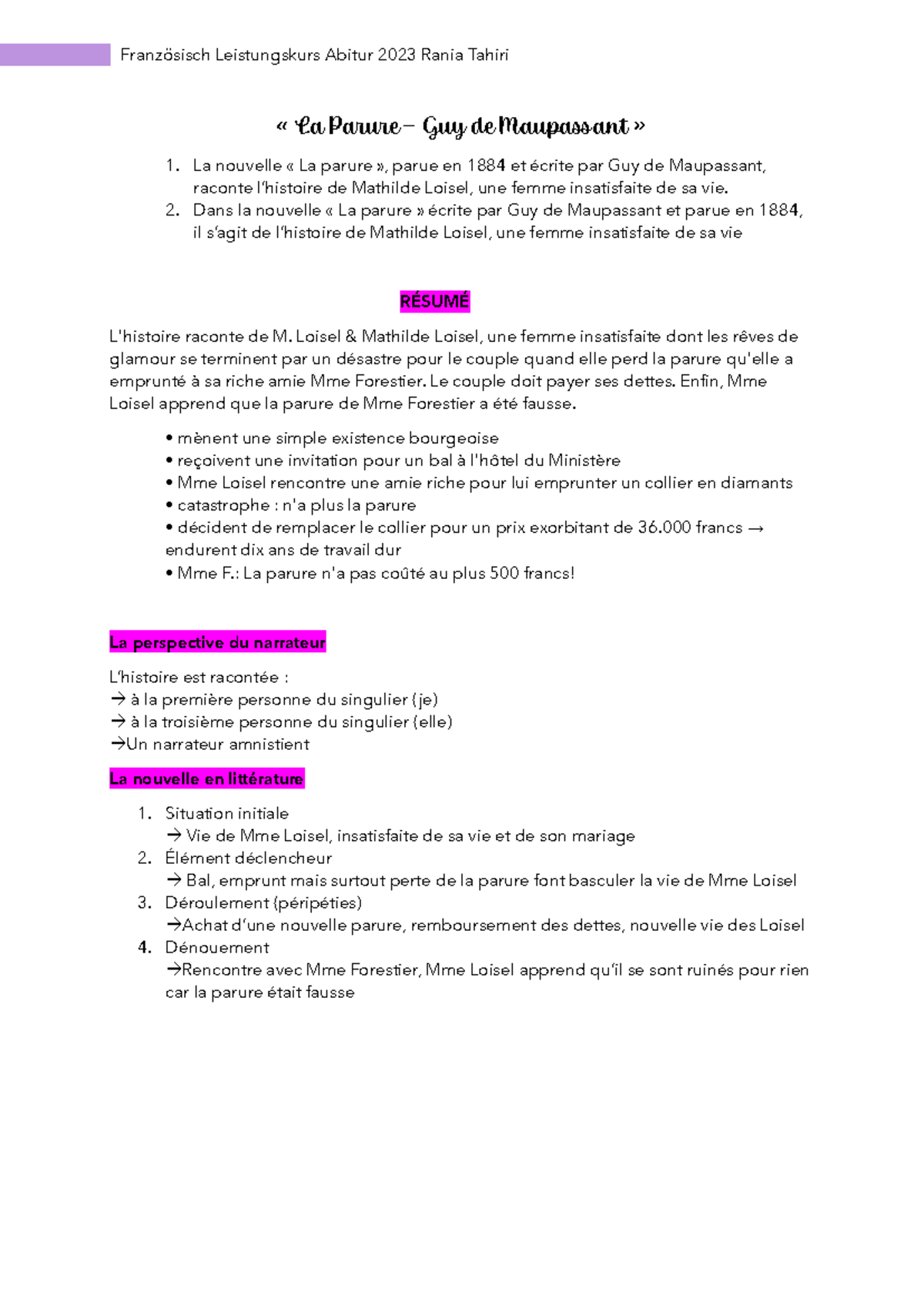 Analyse de "La Parure" de Maupassant - Franz Abitur Notes - Studocu