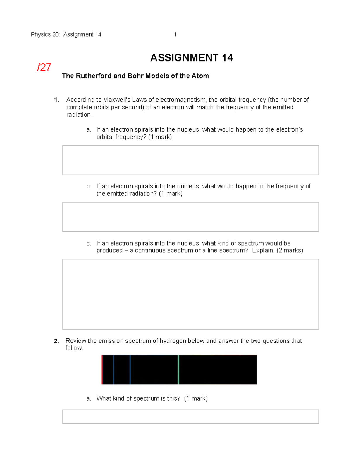 Physics 30: Assignment 14 - Rutherford & Bohr Atom Models Analysis ...