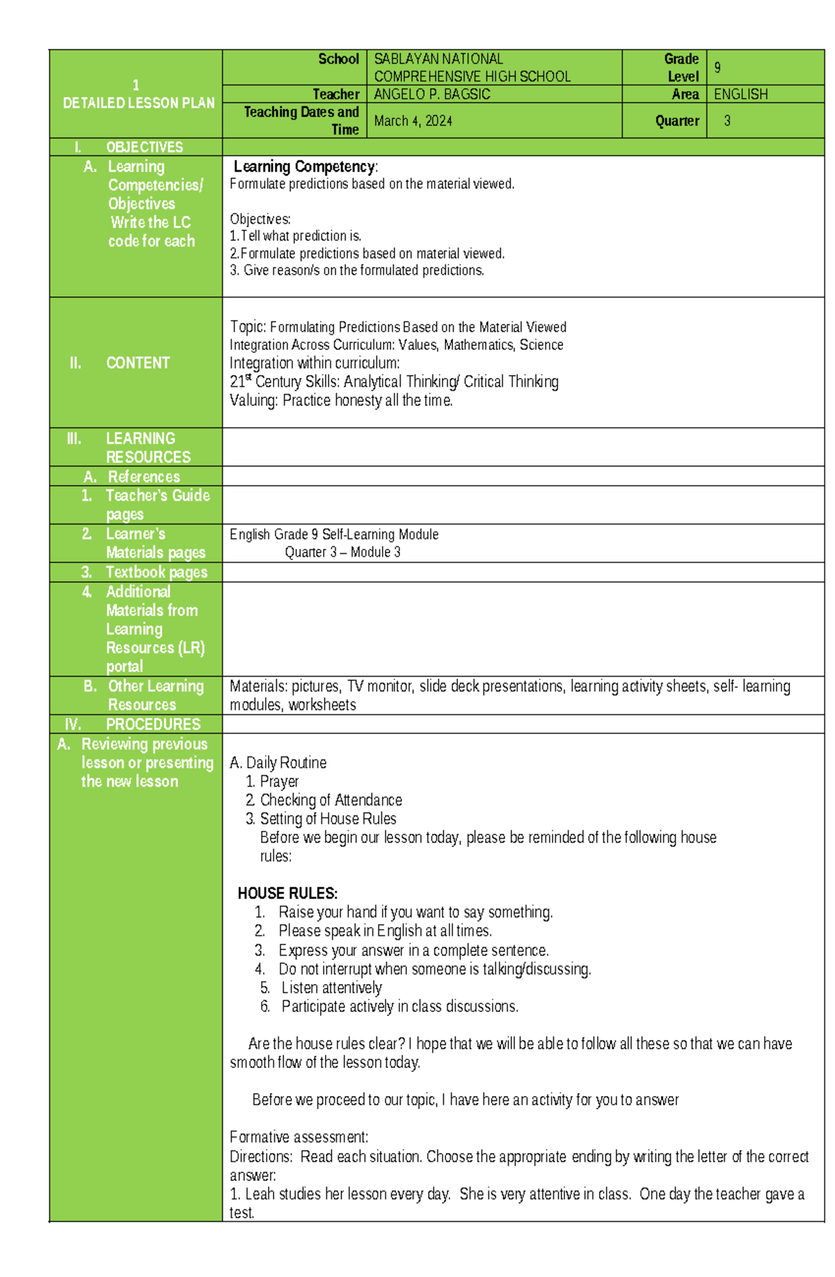 COT 2 Lesson Plan: Formulating Predictions for Grade 9 Students - Studocu