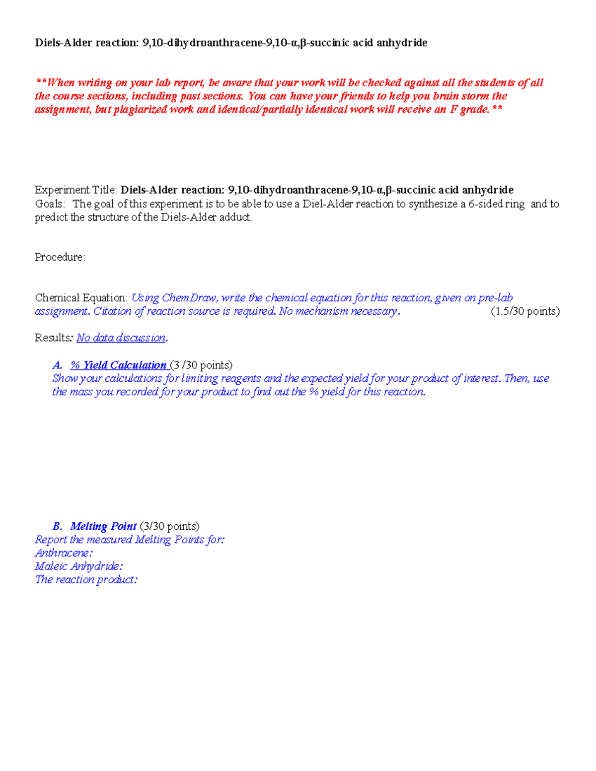 Lab Report: Diels-Alder Reaction of 9,10-Dihydroanthracene (CHEM 101) - Studocu