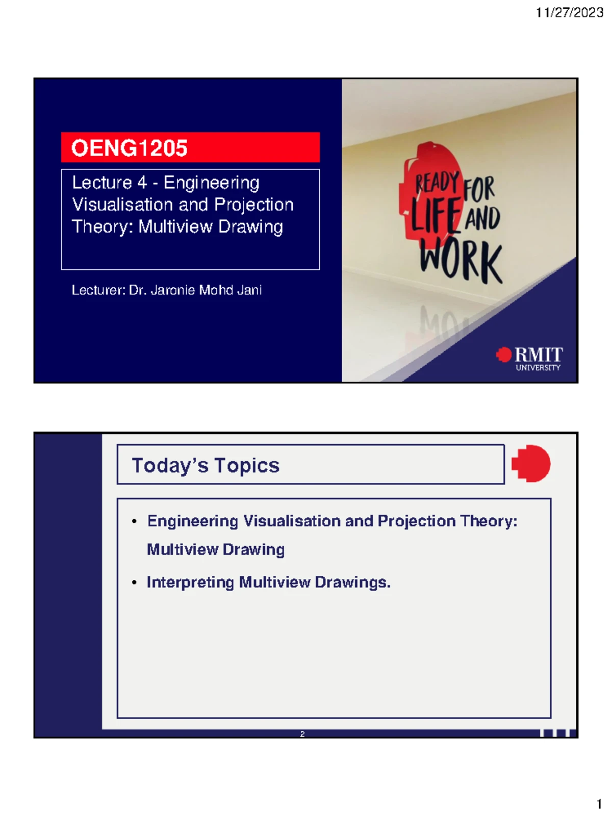 OENG1205 Lecture 3: Engineering Visualization & Projection Theory - Studocu