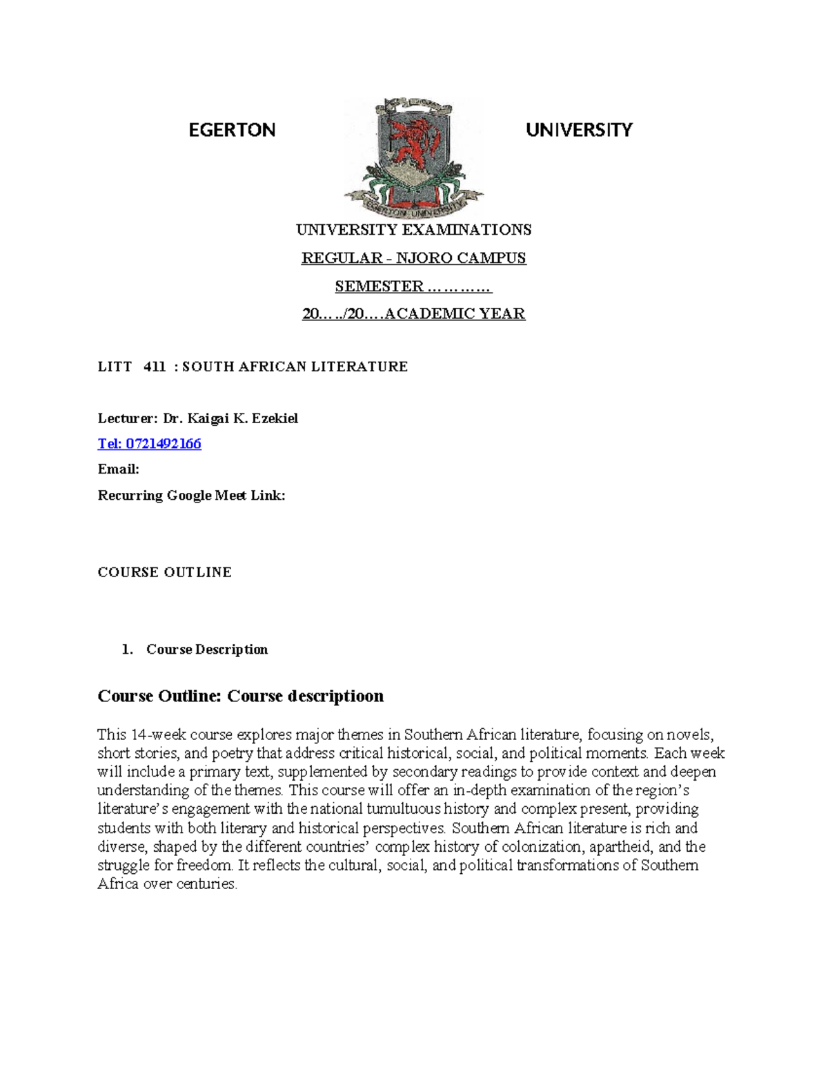 LITT 411: Southern African Literature Course Outline (2025-2026) - Studocu